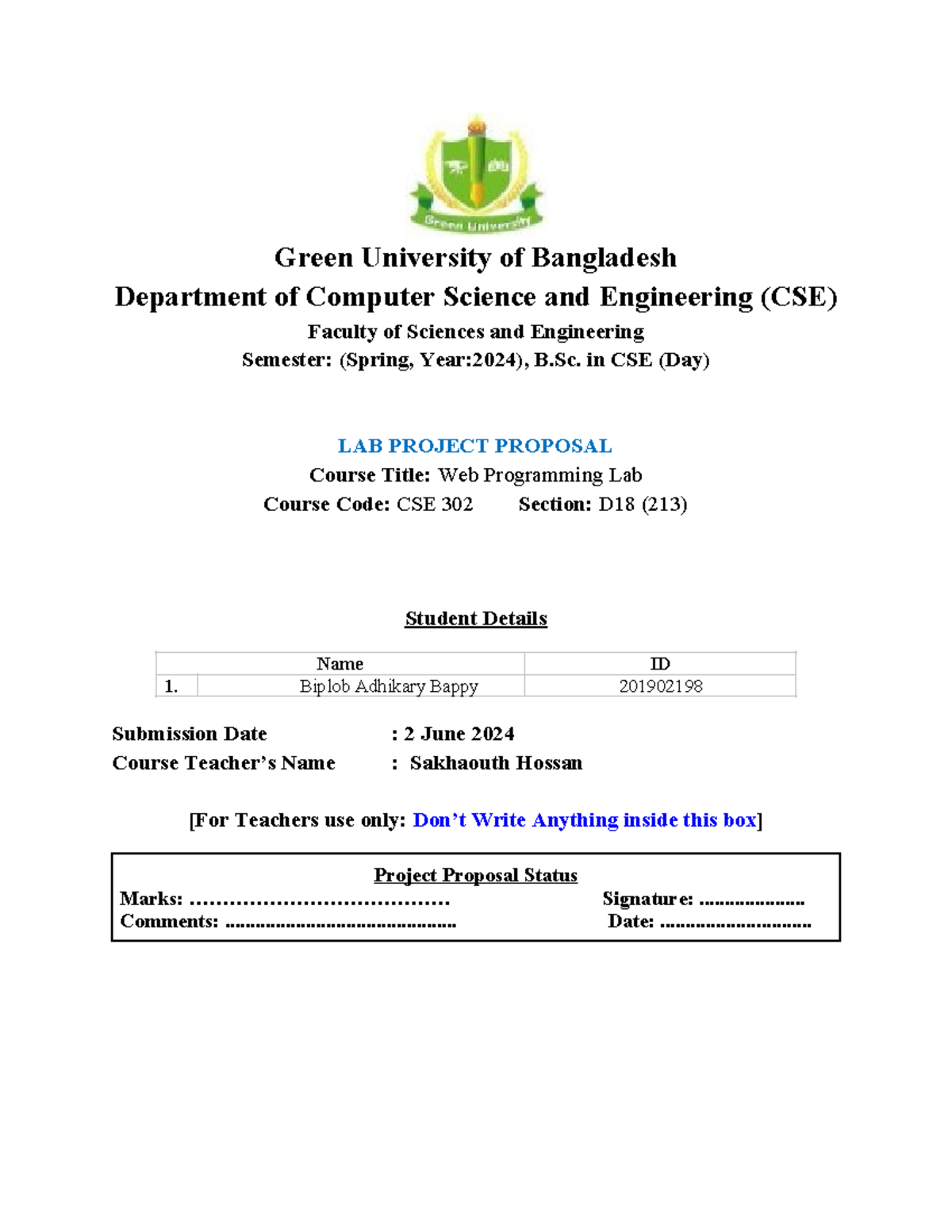 Lab Project Proposal Template - Green University of Bangladesh ...