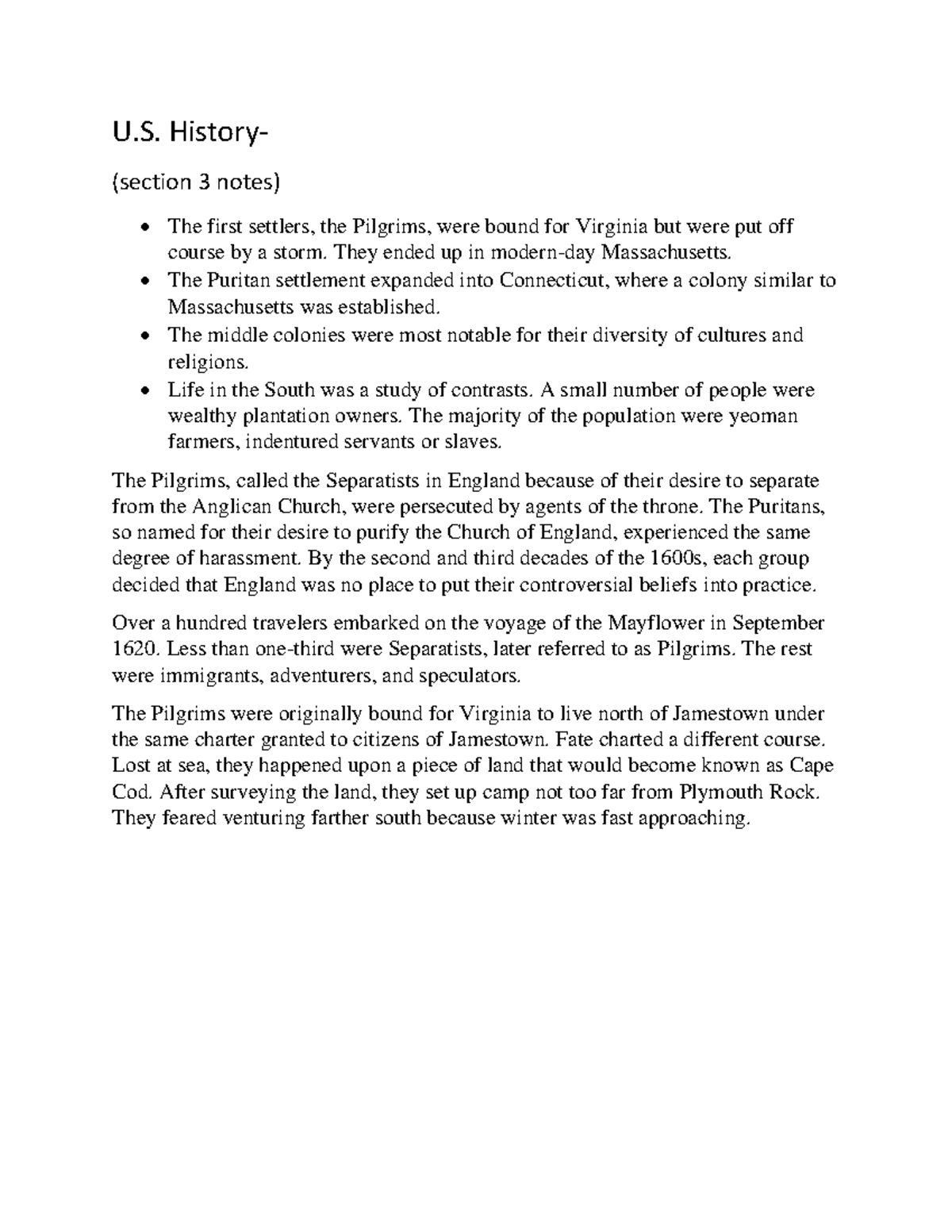 U.S History The pilgrims - U. History- (section 3 notes) The first ...