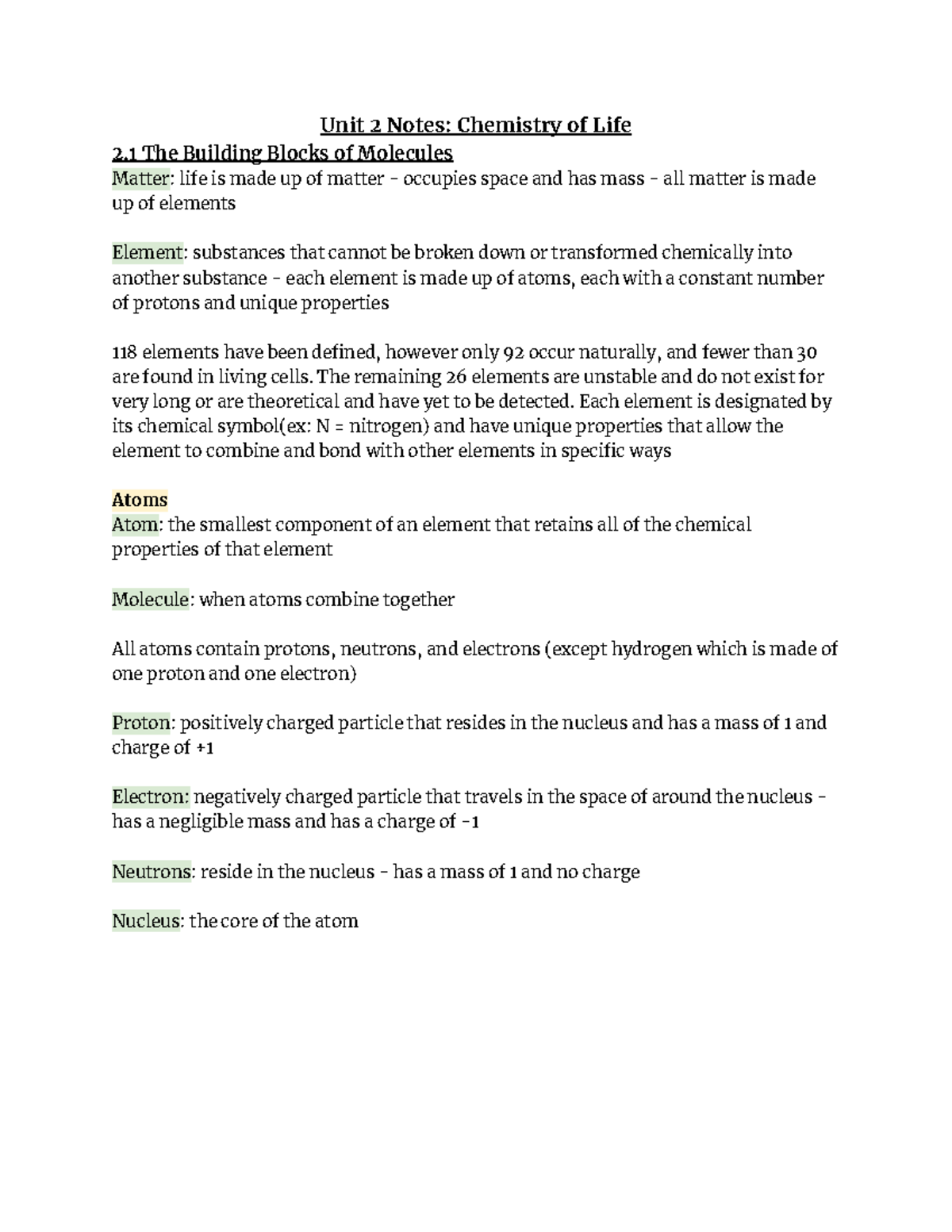 Bio Unit 2 Notes - Professor Mindy Smith. Matter, Periodic Table ...