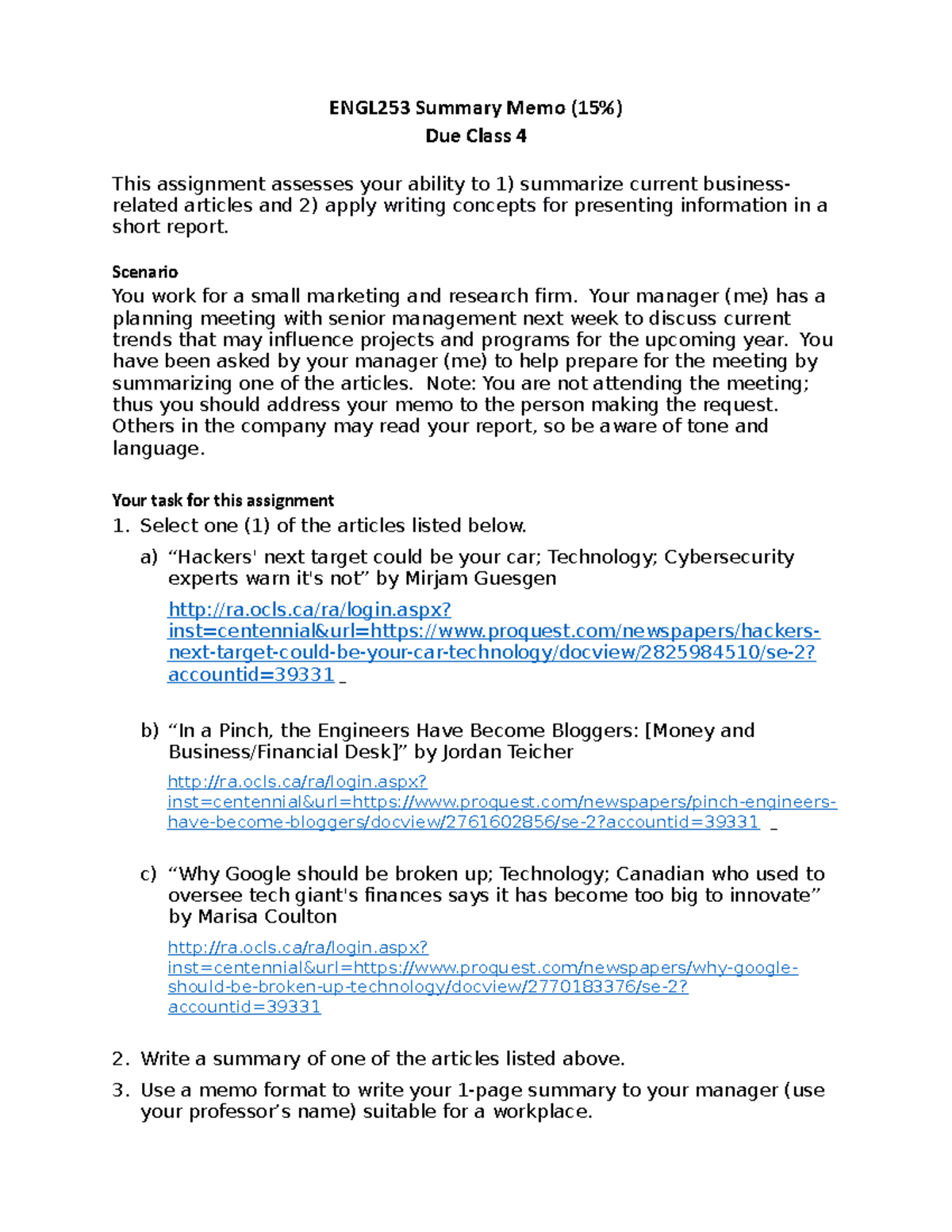 23F 253 901 Writing 1 - Summary Memo - ENGL253 Summary Memo (15%) Due ...