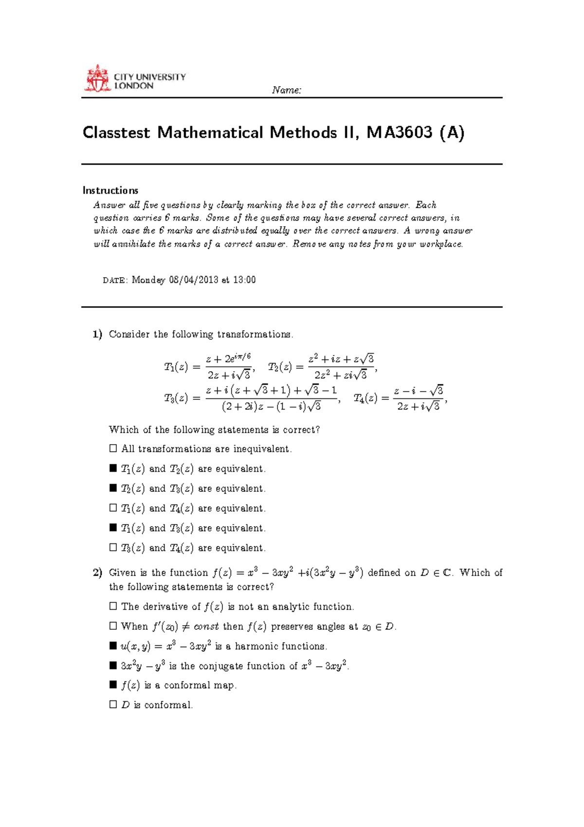 Class Test March 2013 Solutions Name Classtest Mathematical