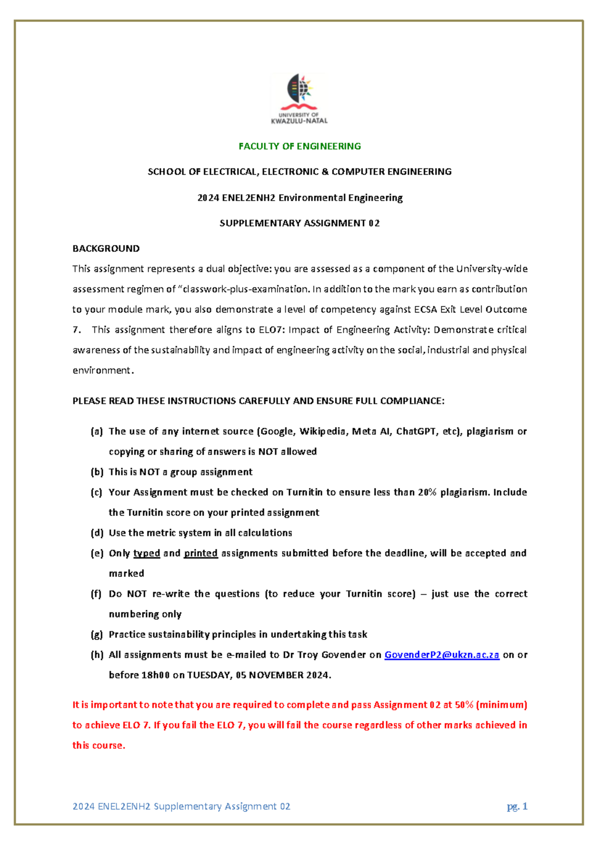 2024 ENEL2EN2H Supplementary Assignment 02 rev 1 - FACULTY OF ENGINEERING SCHOOL OF ELECTRICAL ...