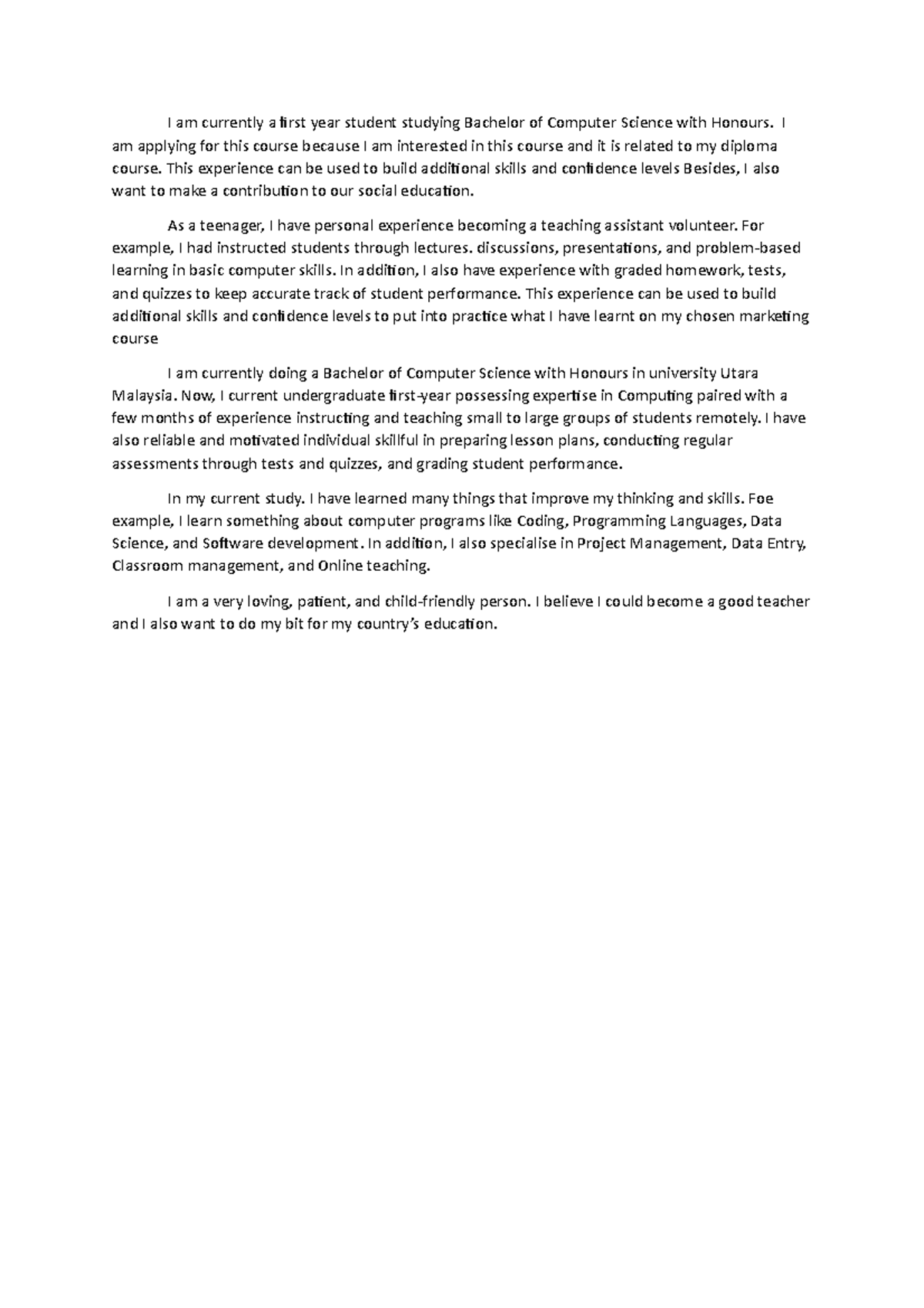 Personal statement - no wi - I am currently a first year student ...