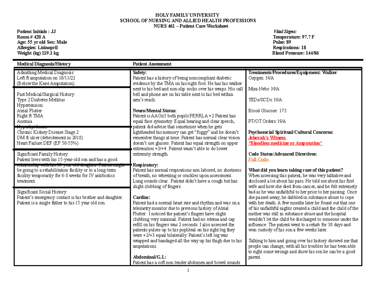 NURS 461 Patient Care Worksheet 3 JJ 10:14 - HOLY FAMILY UNIVERSITY ...