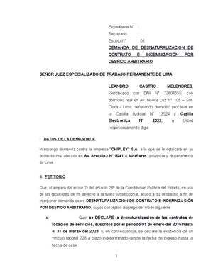 Demanda DE Beneficios Sociales - EXP.: ESP.: ESC.: 01 SUM.: DEMANDA DE PAGO DE BENEFICIOS ...