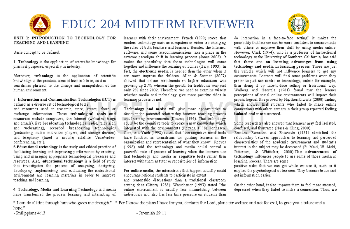 EDUC 204 MT rev - n/a....... - UNIT 1: INTRODUCTION TO TECHNOLOGY FOR TEACHING AND LEARNING ...