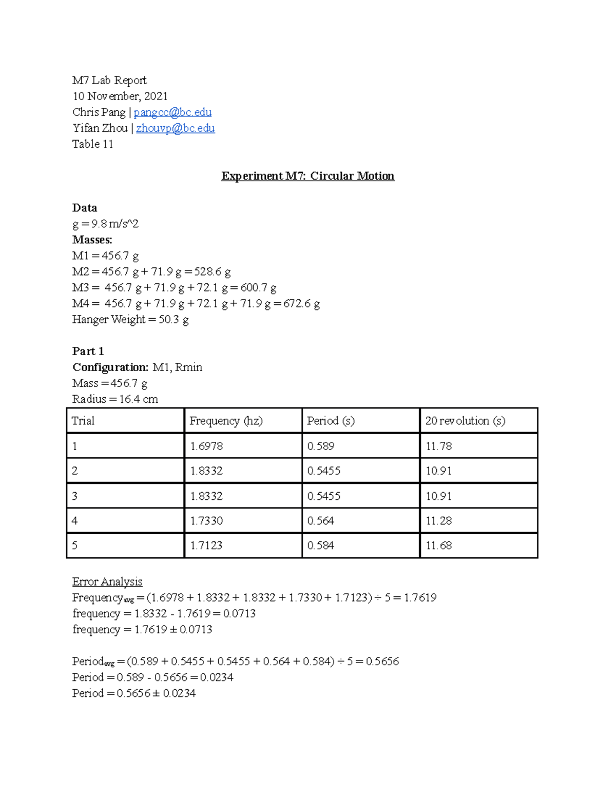 M7 report - assignment - M7 Lab Report 10 November, 2021 Chris Pang | pangcc@bc Yifan Zhou ...