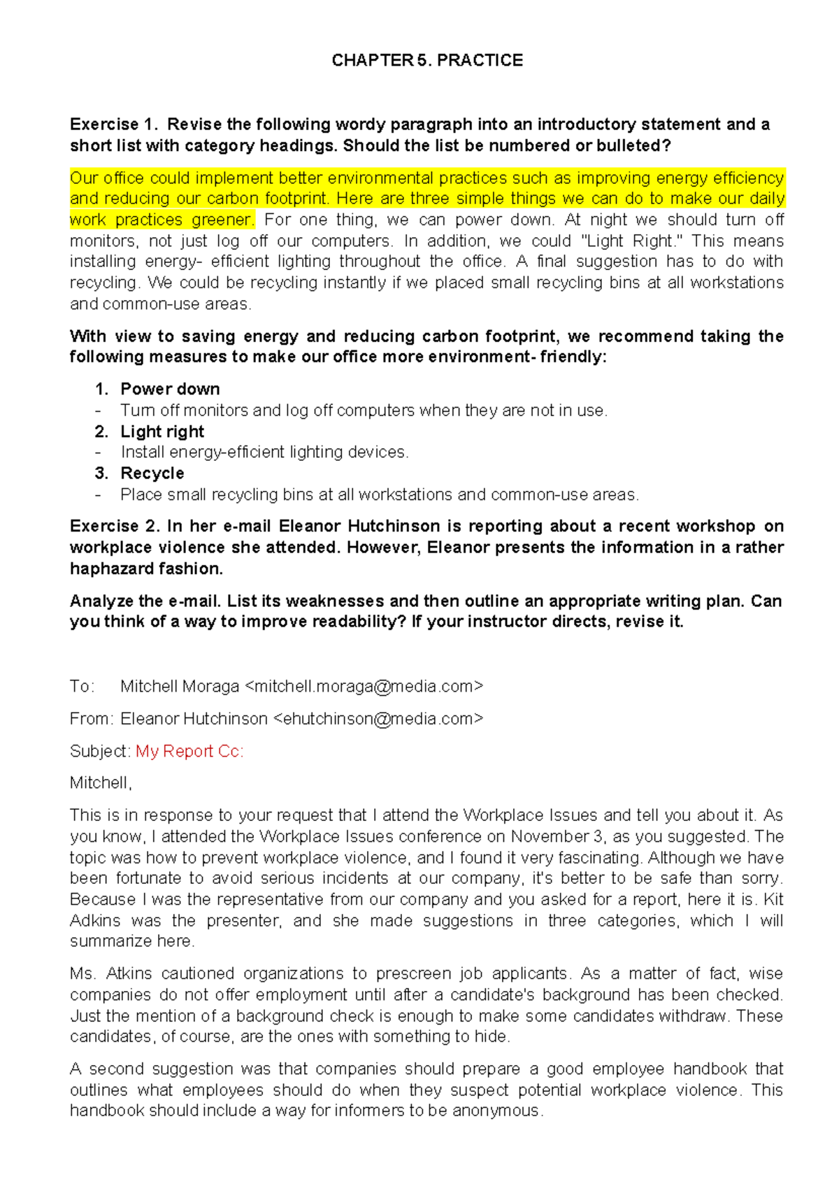 Chapter 5- Writing Emails 2 - CHAPTER 5. PRACTICE Exercise 1. Revise ...