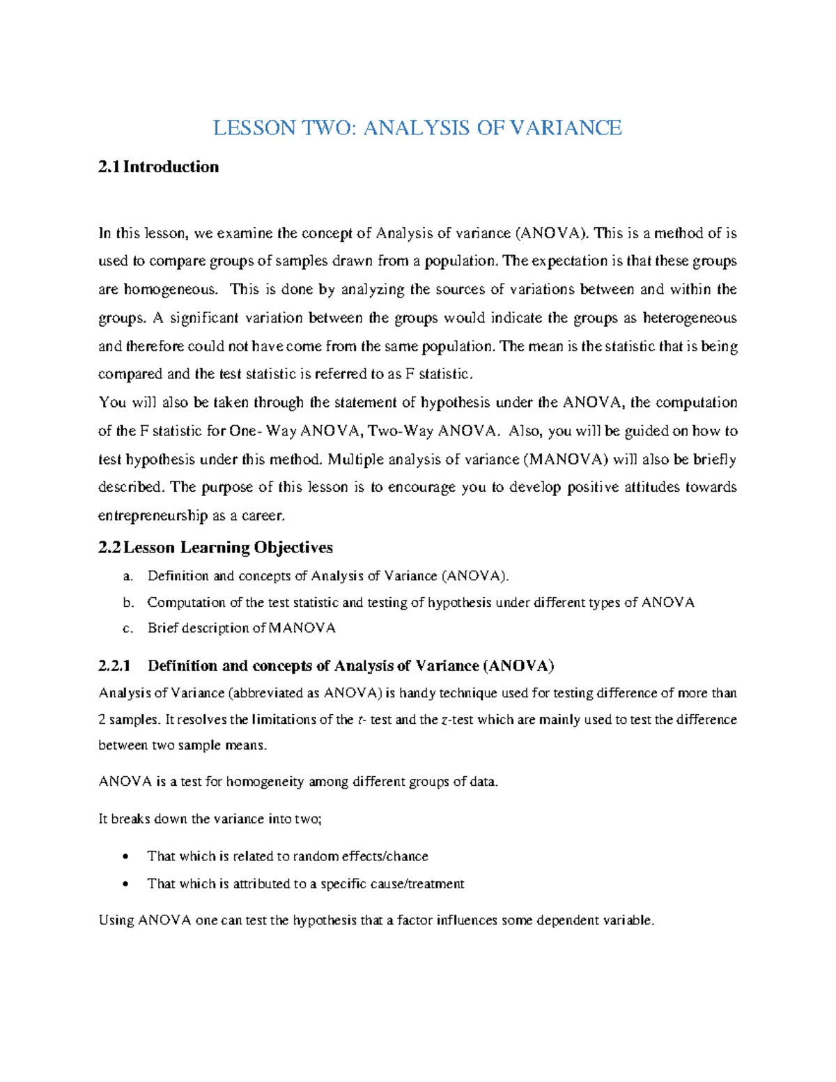 Anova Notes - LESSON TWO: ANALYSIS OF VARIANCE 2 Introduction In this ...