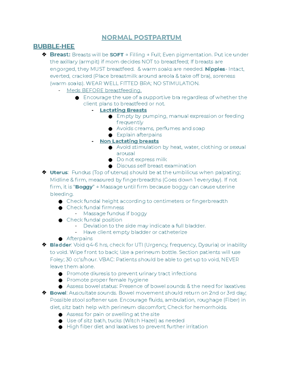 Normal Postpartum - Study guide - NORMAL POSTPARTUM BUBBLE-HEE Breast ...