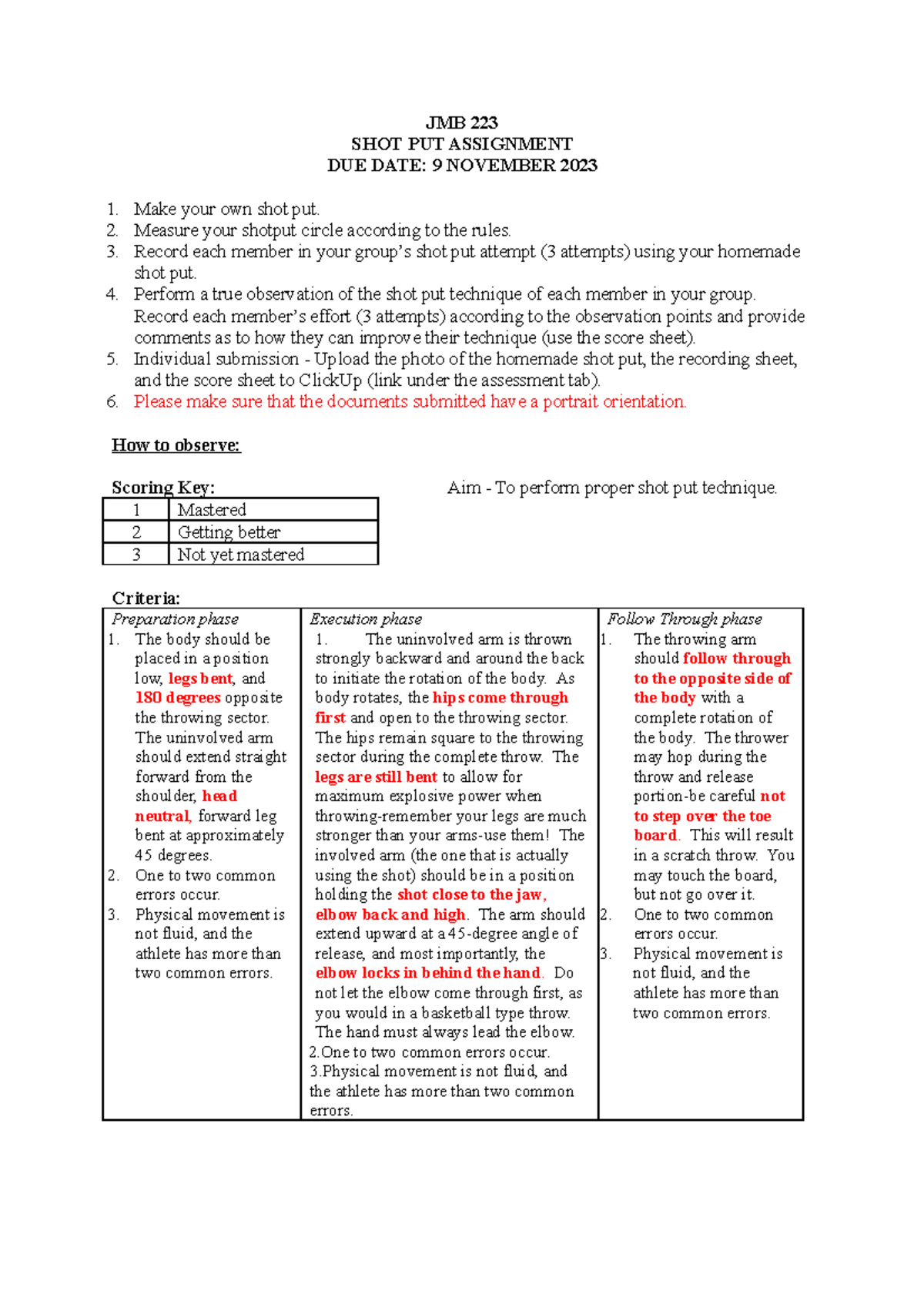 Shot Put Assignment - learn shot put - JMB 223 SHOT PUT ASSIGNMENT DUE ...