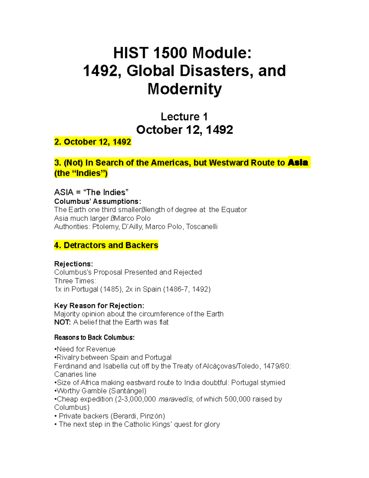 Global Disasters Lecture 1 - HIST 1500 Module: 1492, Global Disasters ...