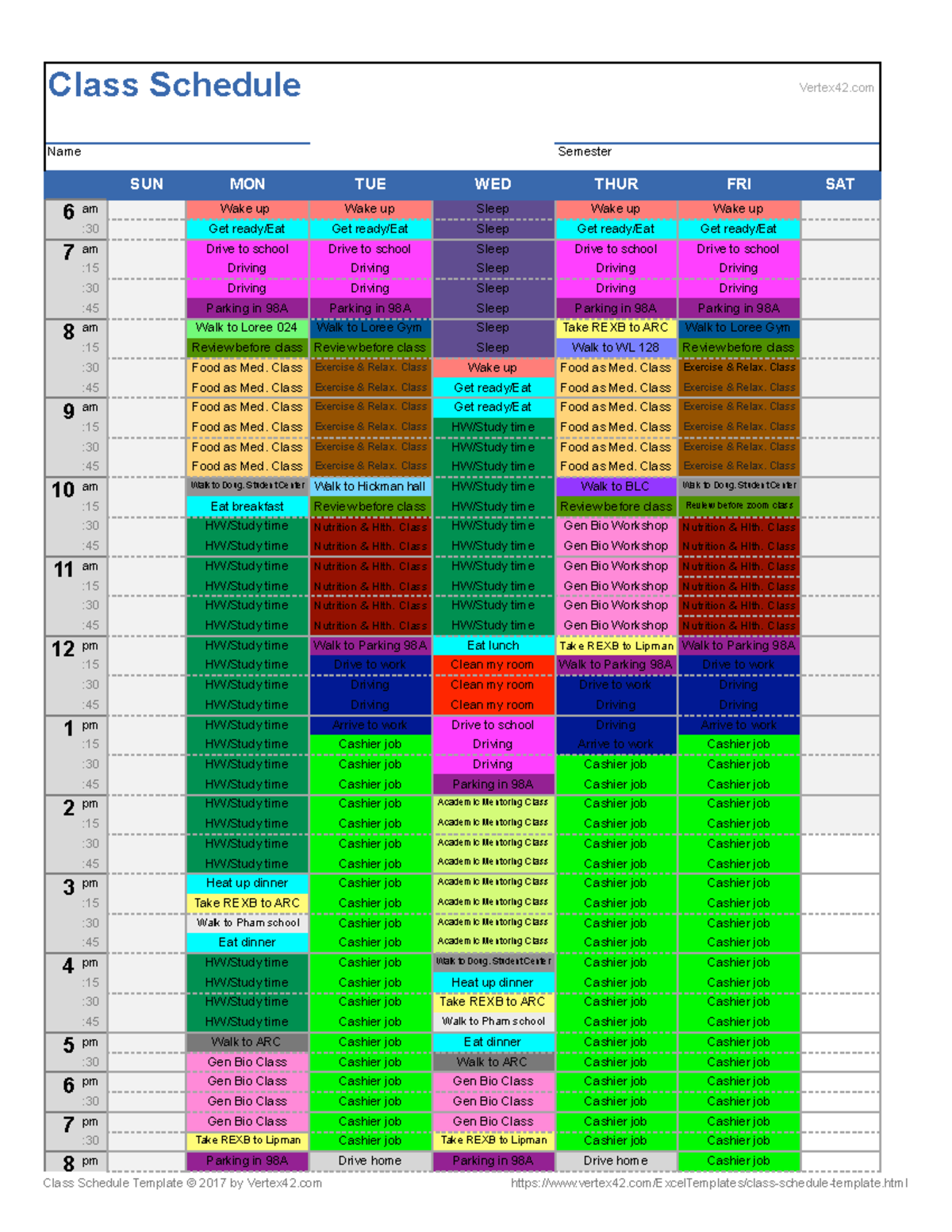Week 3 - Course work - Class Schedule Vertex42 Name Semester [42] SUN ...