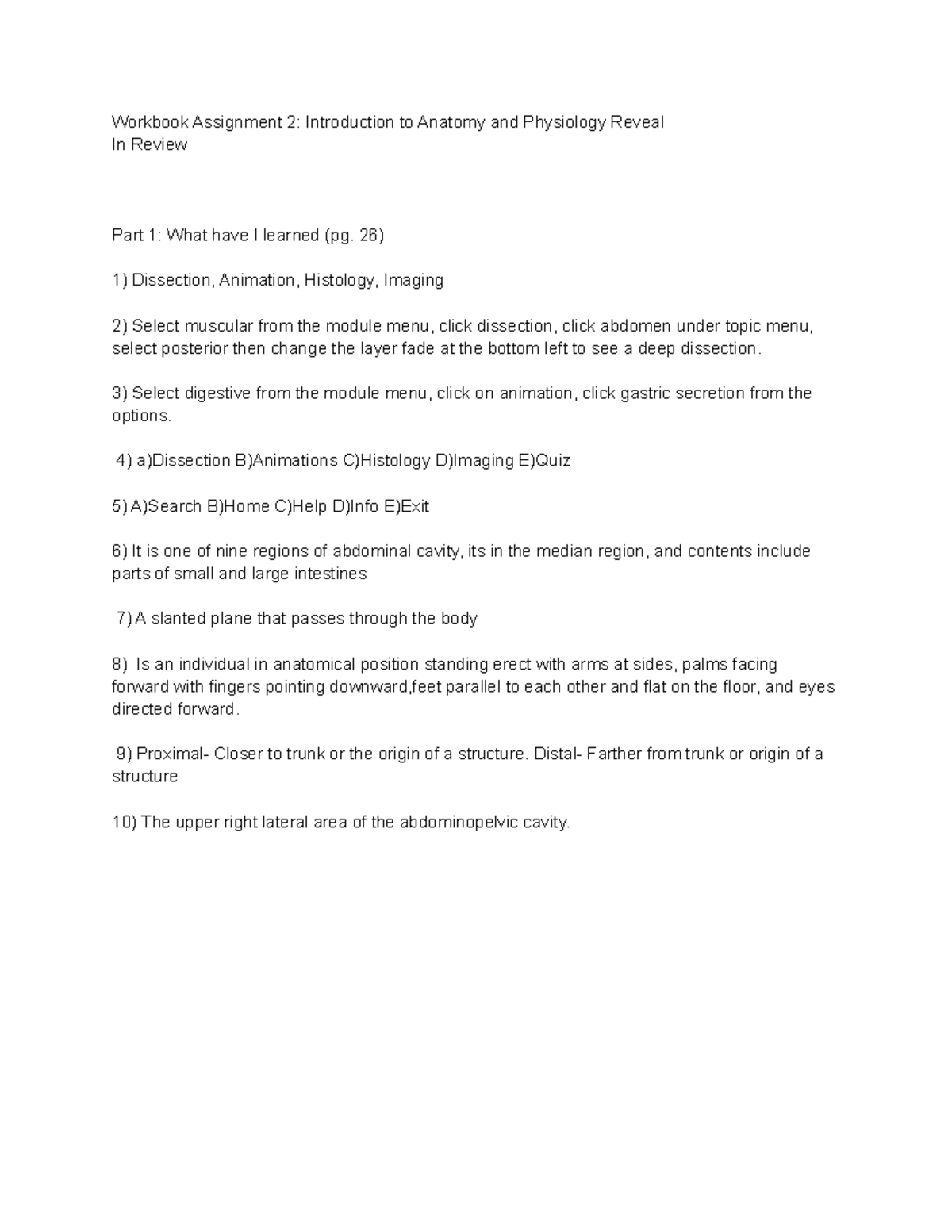 Workbook Assignment 2 Introduction to Anatomy and Physiology Reveal ...