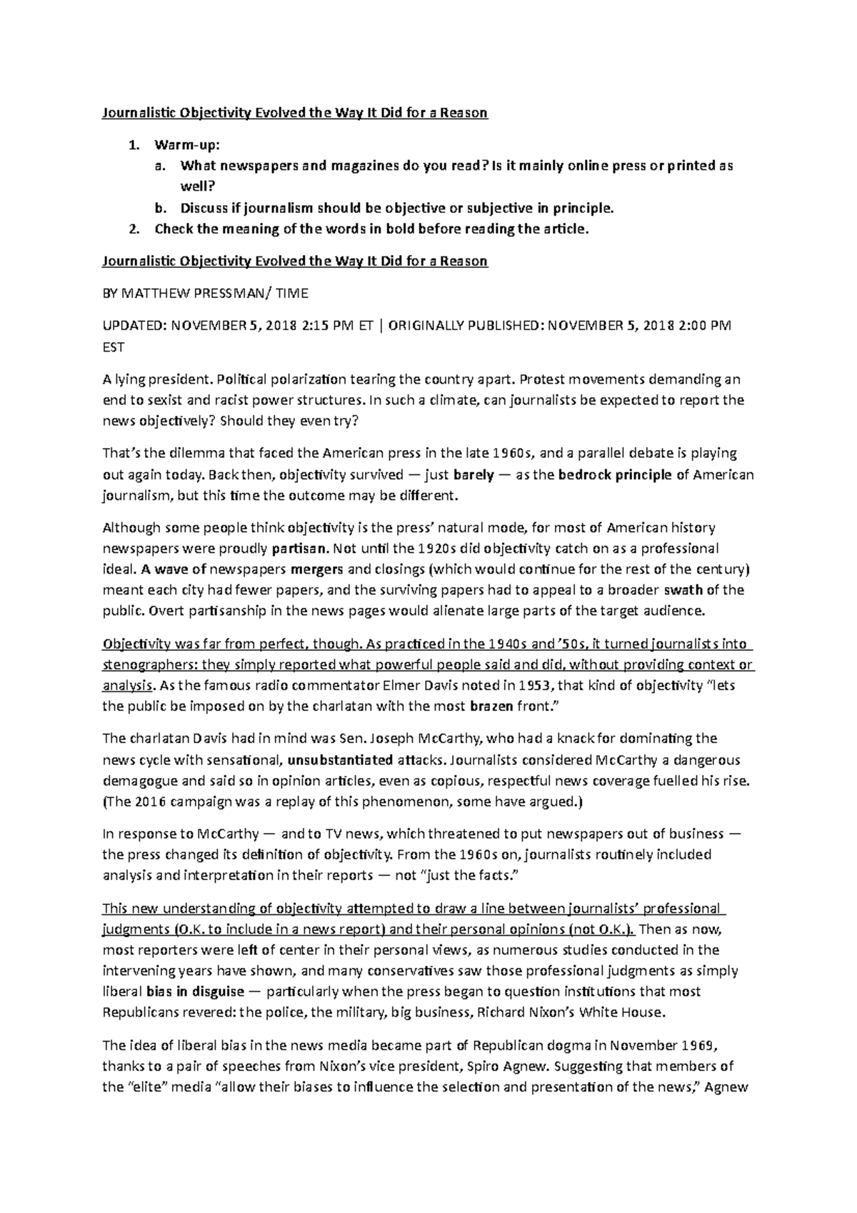 Journalistic Objectivity Evolved the Way It Did for a Reason - Warm-up ...