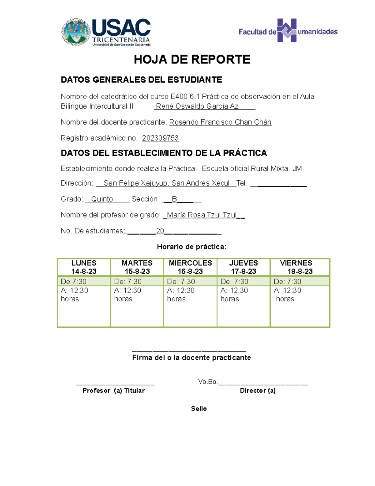 Hoja de reporte. - disfruten - HOJA DE REPORTE DATOS GENERALES DEL ESTUDIANTE Nombre del ...