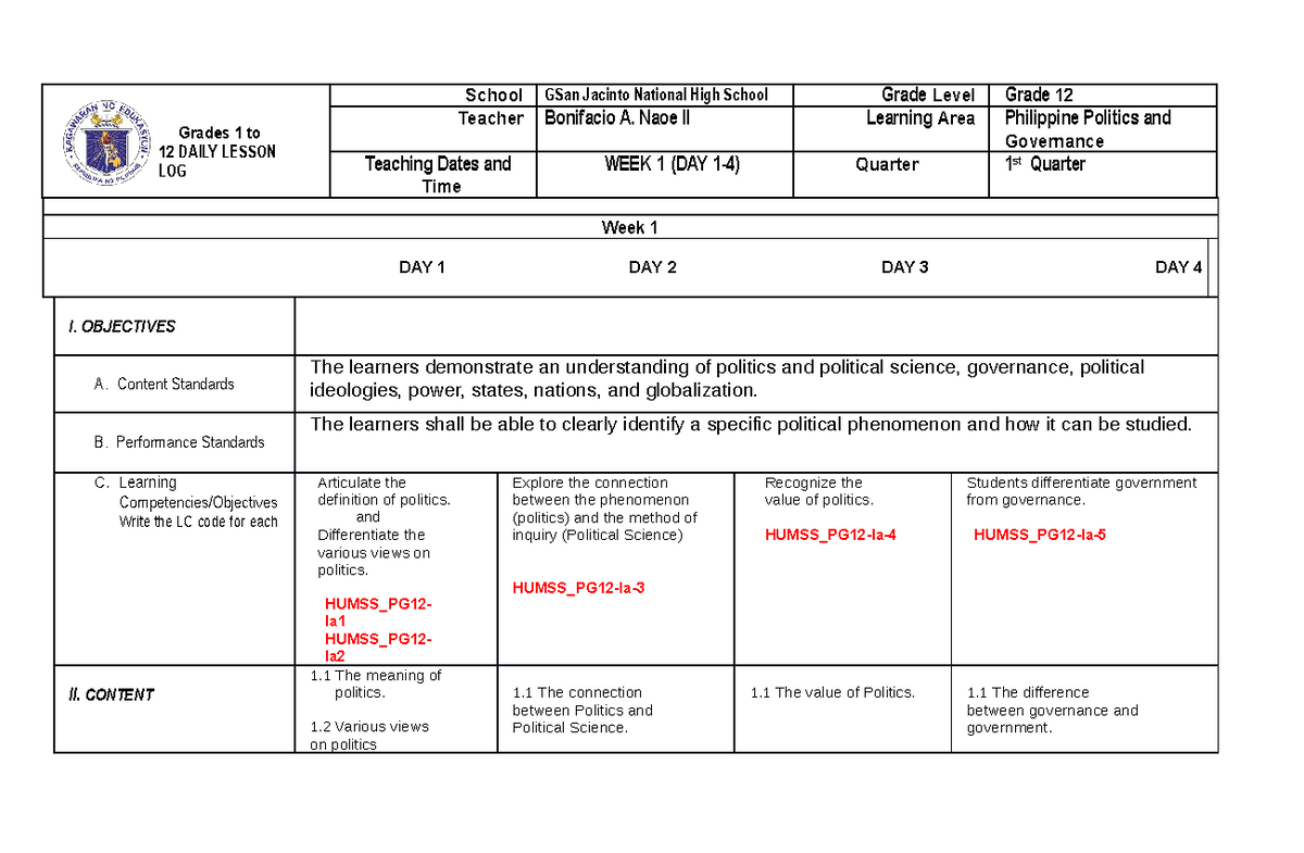 PPG Week a - The Concepts of Politics and Governance - Grades 1 to 12 ...
