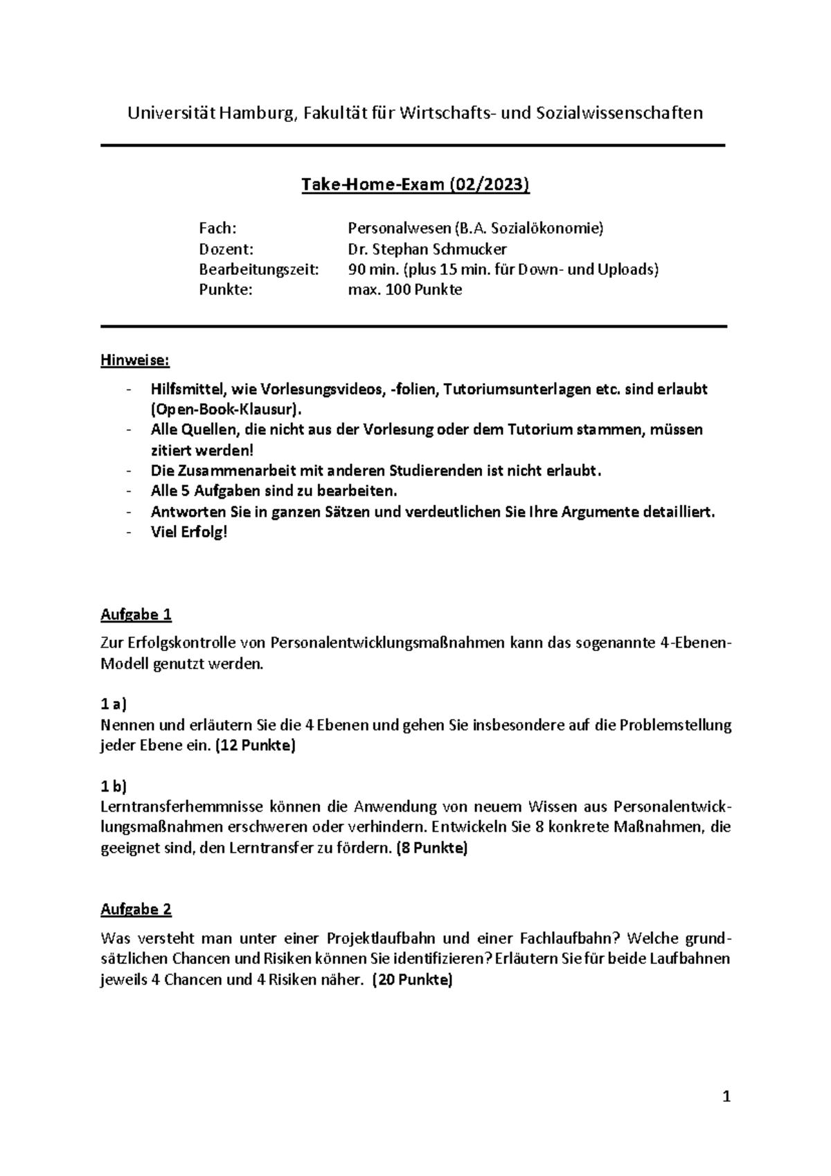 Aufgabenstellung-Personalwesen-PDF-Feb 2023 - Universit‰t Hamburg, Fakult‰t f ̧r Wirtschafts ...