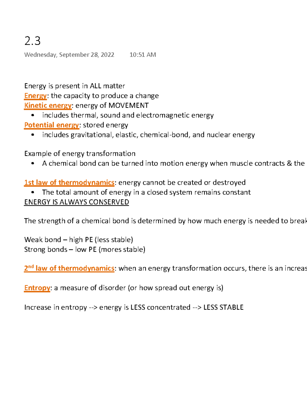 2 - Chapter 2.3 Reading notes - Energy is present in ALL matter Energy ...