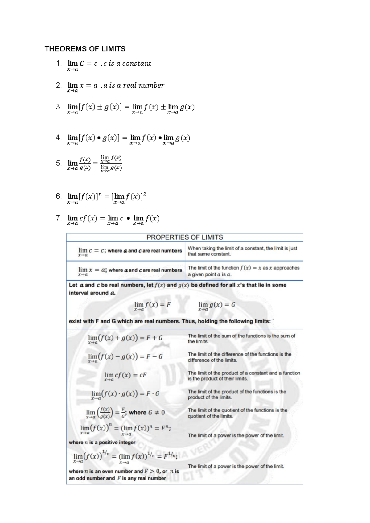 CEE 101 - Notes - THEOREMS OF LIMITS 1. lim 𝑥→𝑎 𝐶 = 𝑐 , 𝑐 𝑖𝑠 𝑎 𝑐𝑜𝑛𝑠𝑡𝑎𝑛𝑡 ...