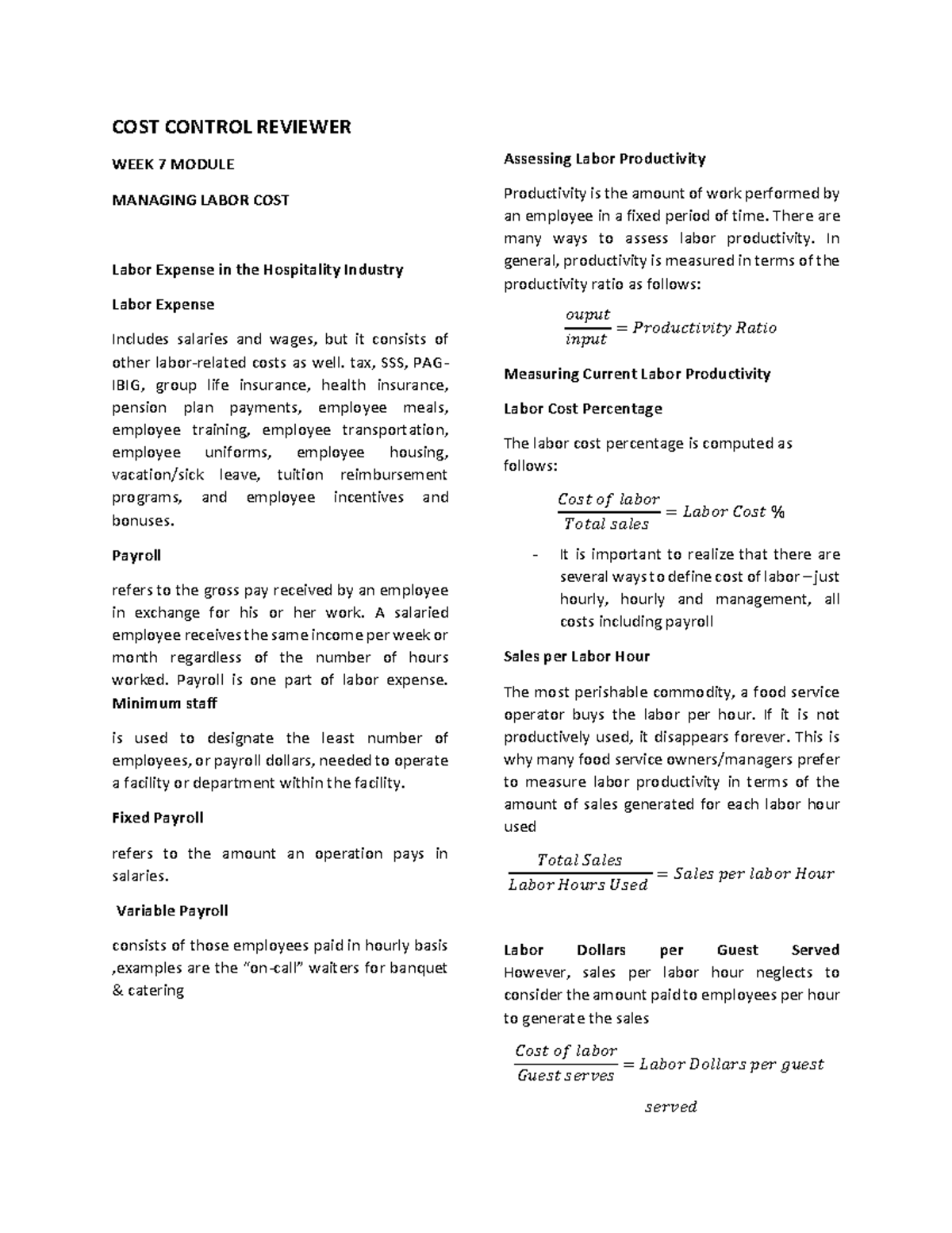 Midterm(COST Control) Reviewer - COST CONTROL REVIEWER WEEK 7 MODULE ...