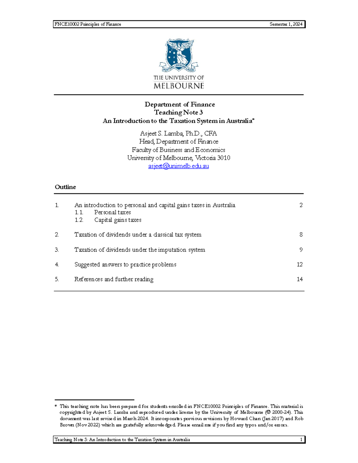 the note of teaching v3 - Department of Finance Teaching Note 3 An ...