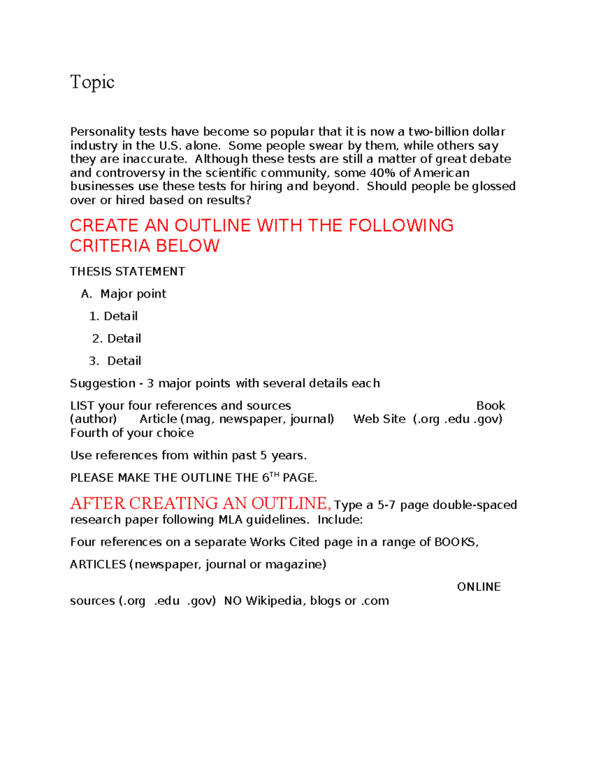 Topic - General Notes for Capella Class - Topic Personality tests have ...