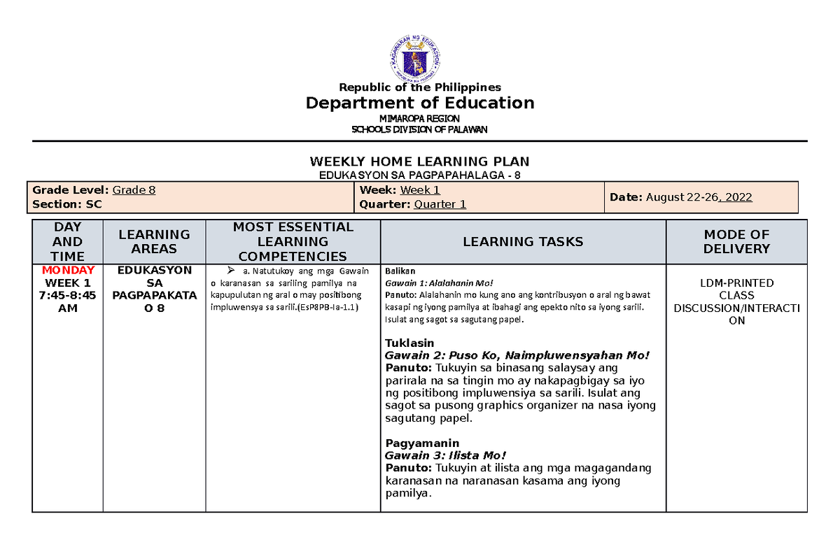 ESP 8 (1)Weekly-Home-Learning-Plan - Republic of the Philippines ...