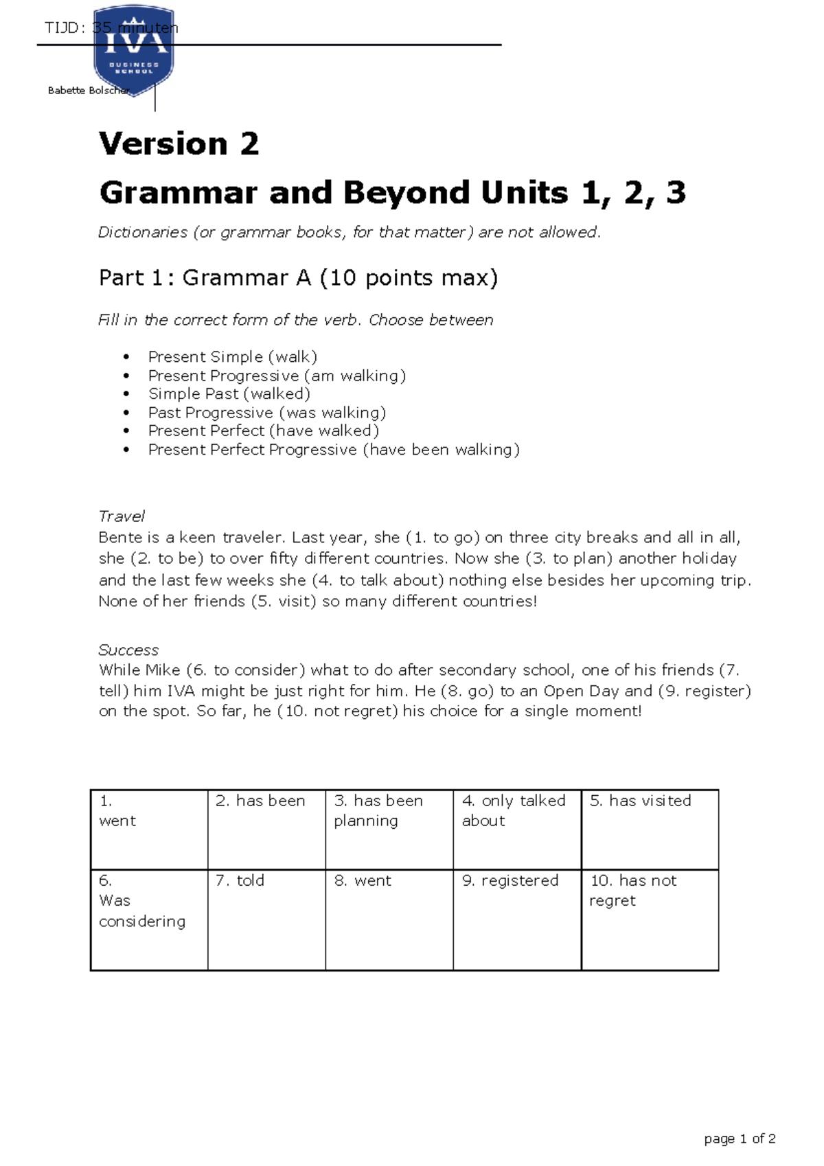 Test engels unit 1-3 - Version 2 Grammar and Beyond Units 1, 2, 3 ...