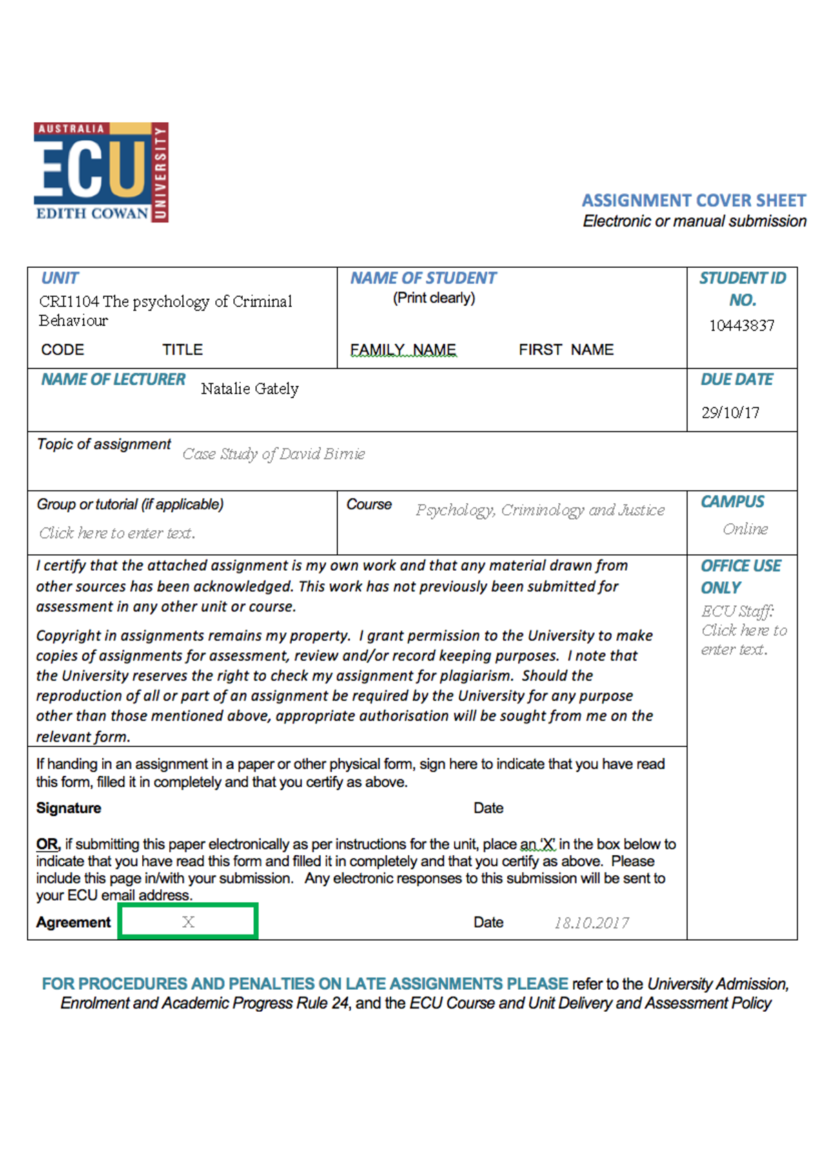 Assign David 1 - CRI1104 The psychology of Criminal Behaviour Natalie ...
