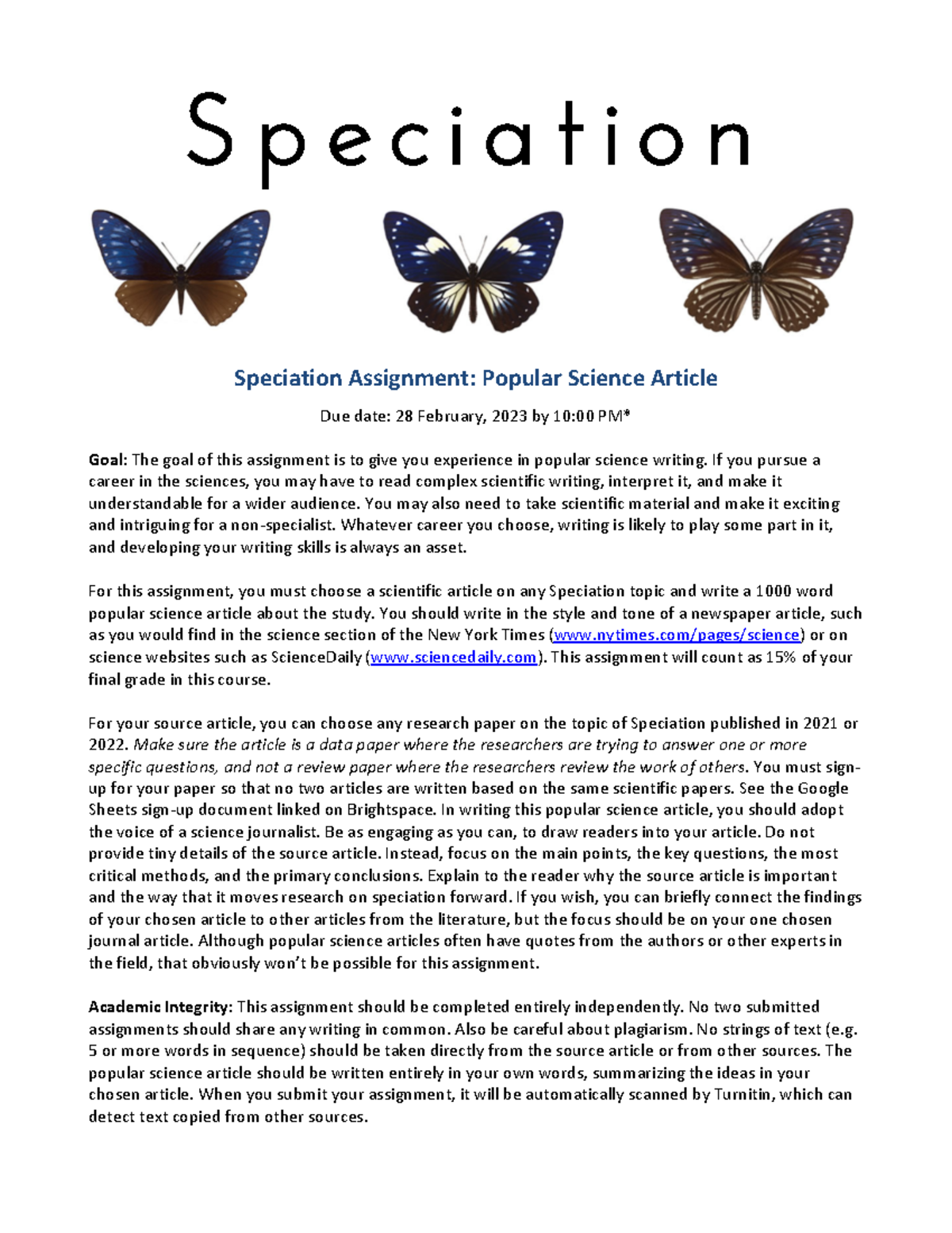 Speciation Popular Science Article Instructions Fall 2023 - S p e c i a ...