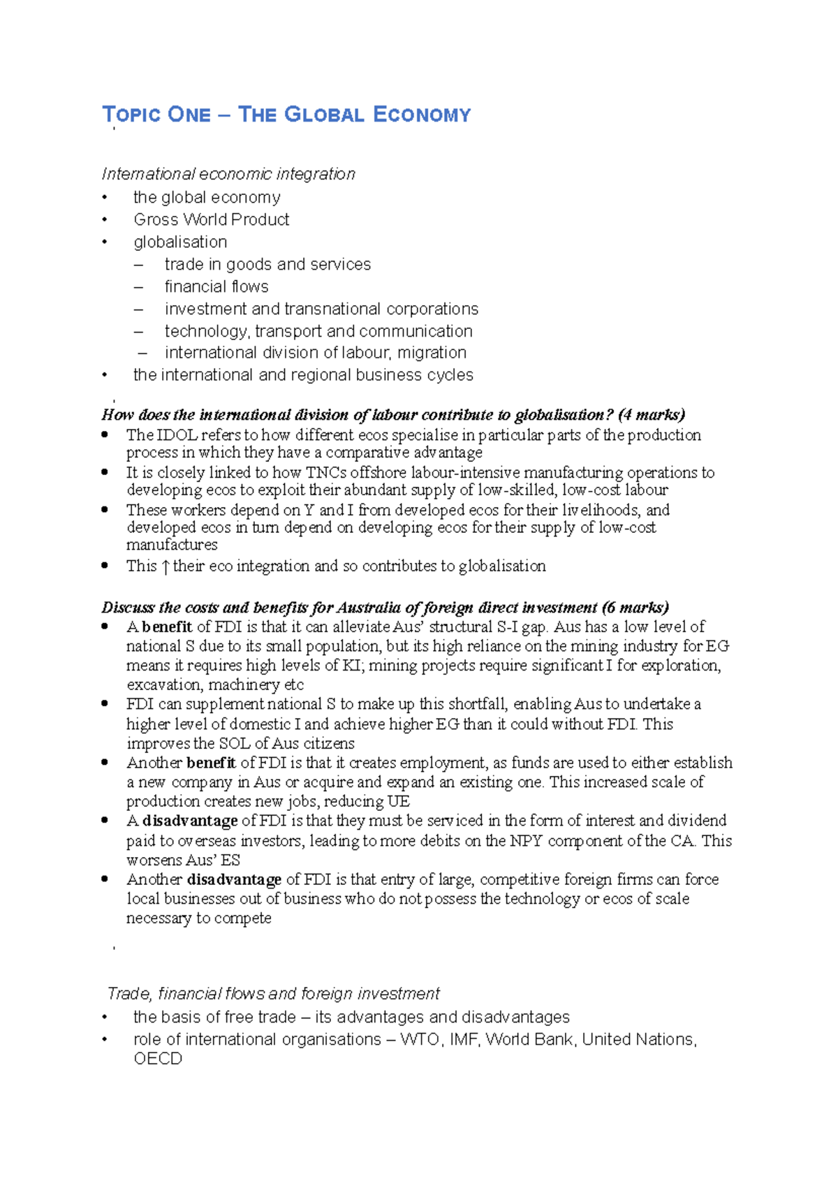 COMM1110 practice materials 1 - TOPIC ONE – THE GLOBAL ECONOMY ...
