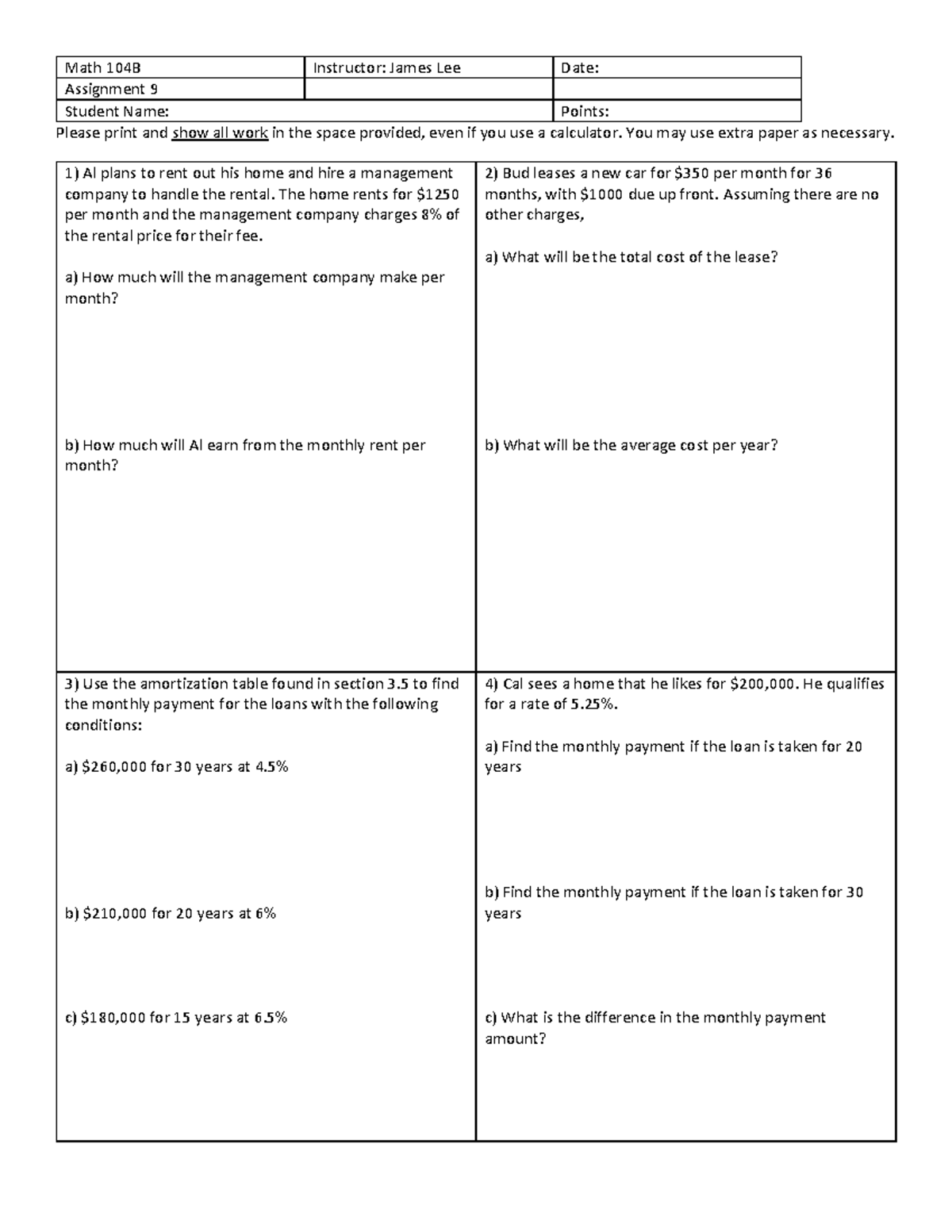 Math Assignment 9 Math Homework Work Shown Math 104B Instructor