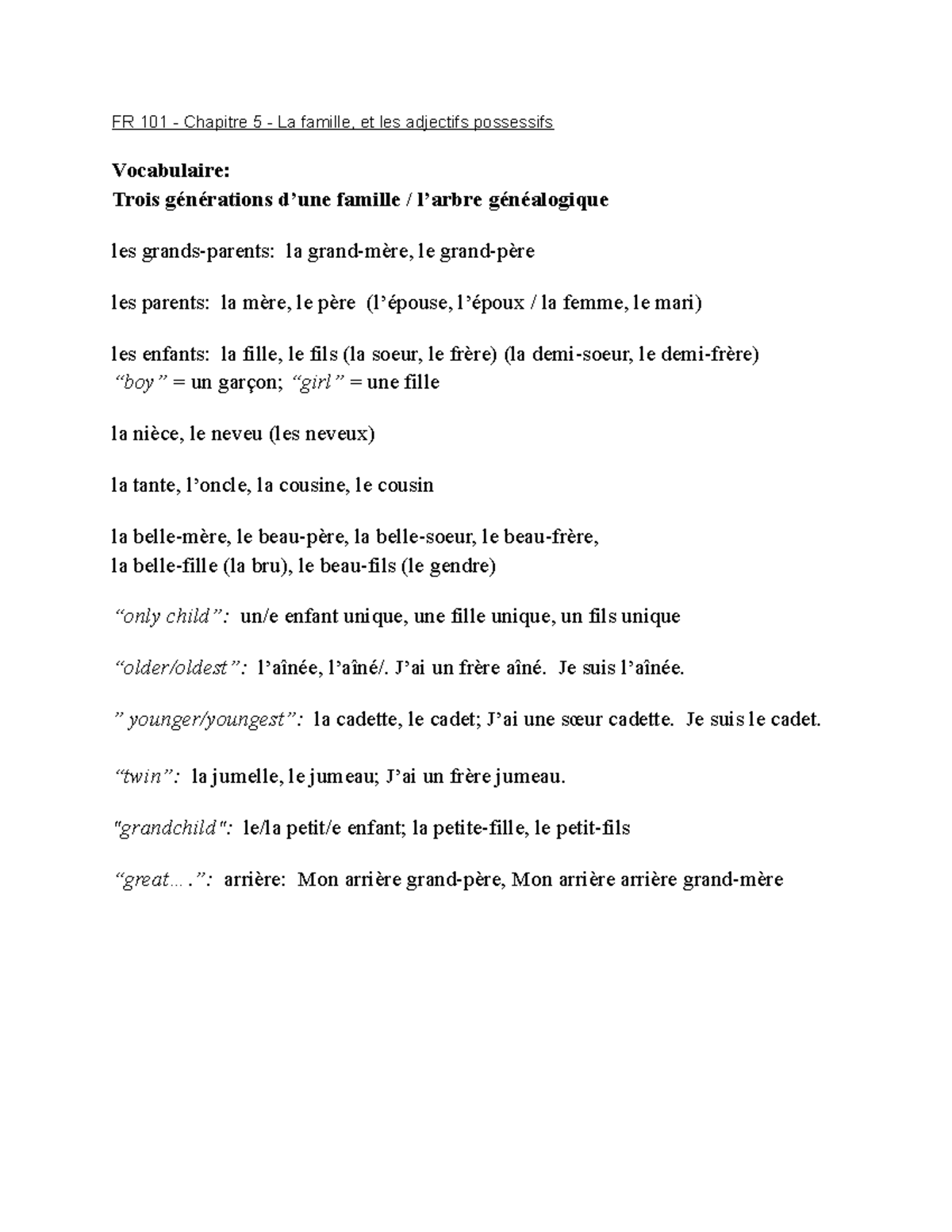 Chapter 5 - Practice French 1 - FR 101 - Chapitre 5 - La famille, et ...