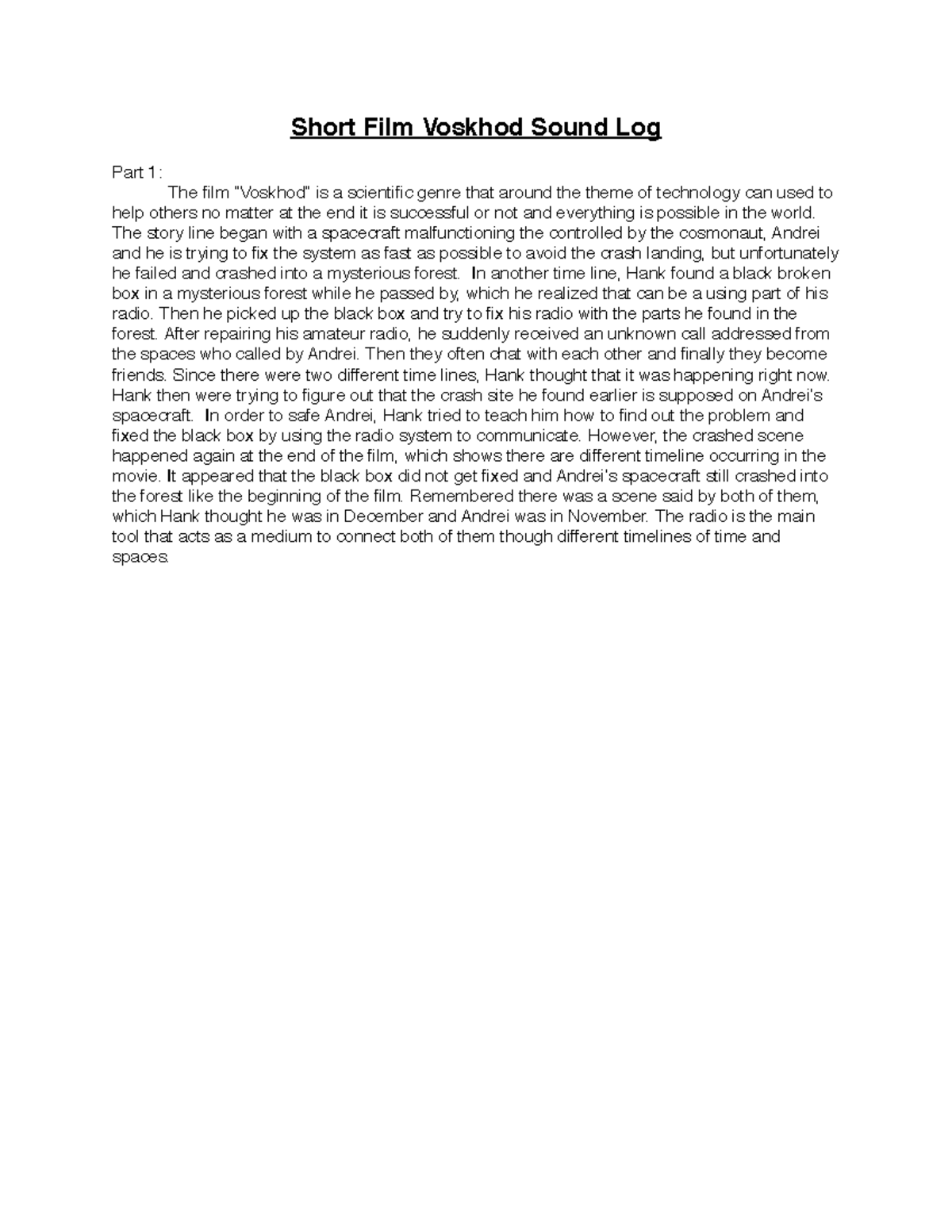 CA 149 Film Sound Log assignment - Short Film Voskhod Sound Log ...