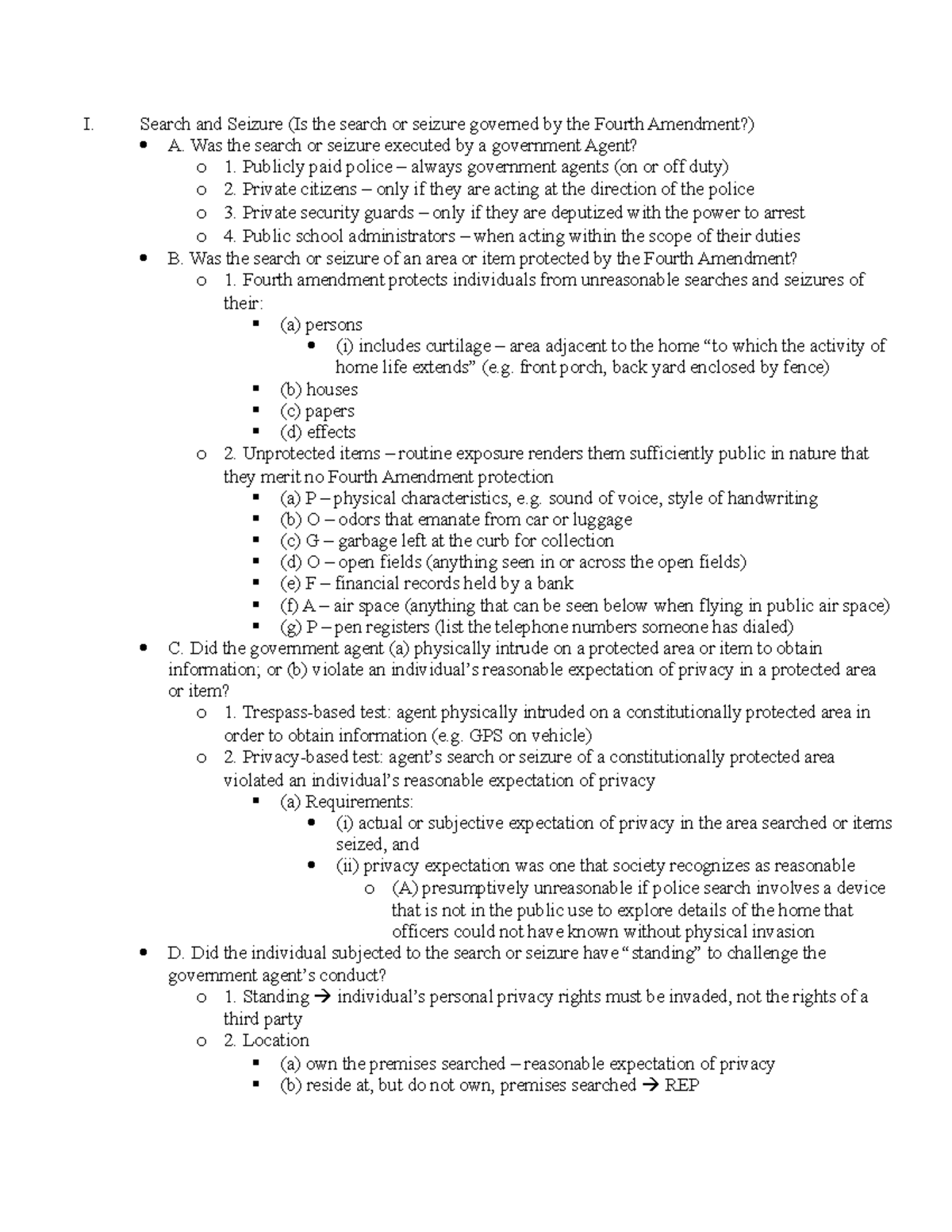 Crim Pro Outline - I. Search and Seizure (Is the search or seizure ...