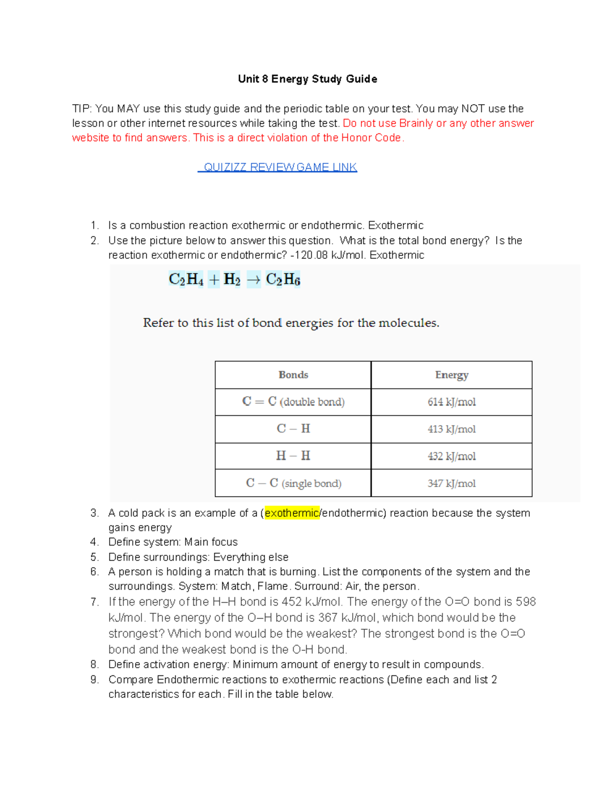 Unit 8- Energy Study Guide for General Chemistry - Unit 8 Energy Study ...