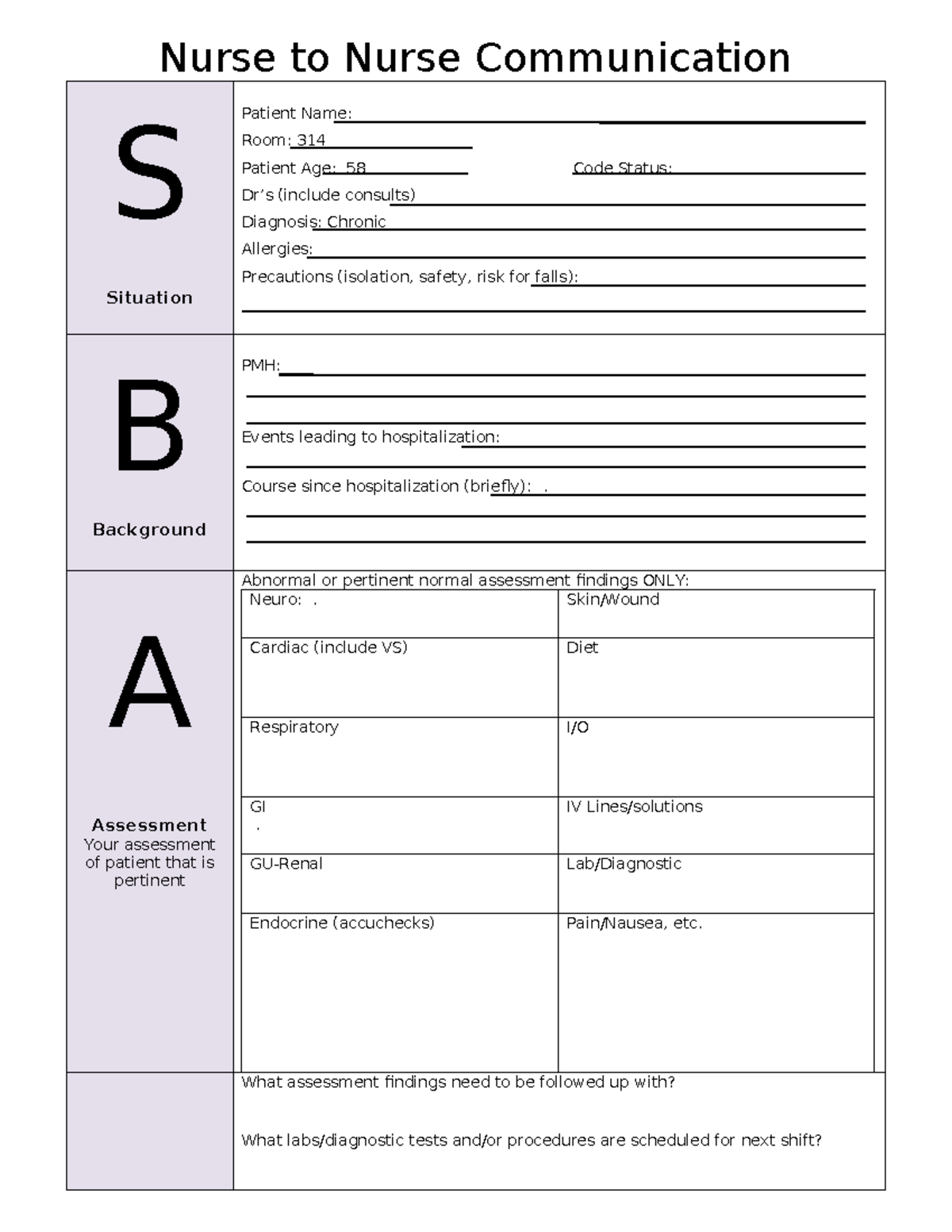 SBAR Nurse to Nurse Communication CKD - Nurse to Nurse Communication S ...
