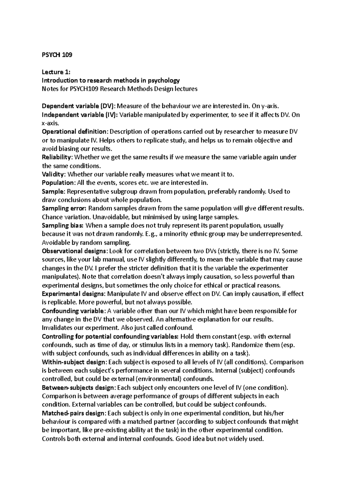 Psych 109 - Lecture notes - PSYCH 109 Lecture 1: Introduction to ...