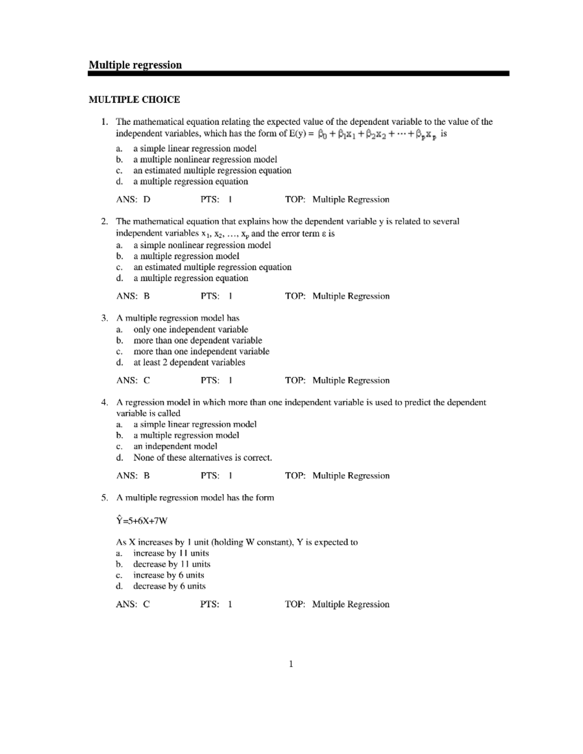 Comm 215 (Multiple Choice Bank) (Multiple Regression) - COMM 215 - Studocu