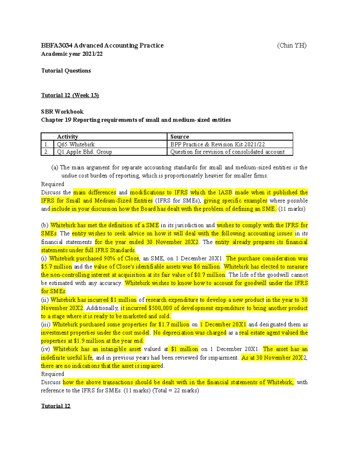 T12. SME-student - SME company tutorial questions for public company ...