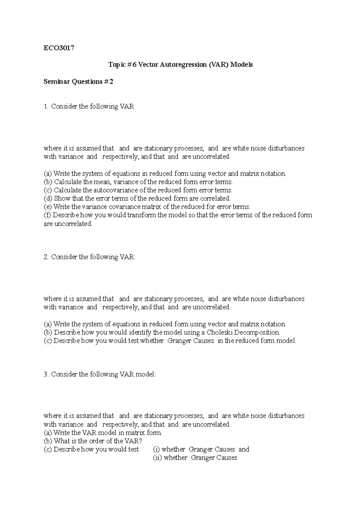 ECO3017 Seminar T6 - ECO Topic # 6 Vector Autoregression (VAR) Models ...
