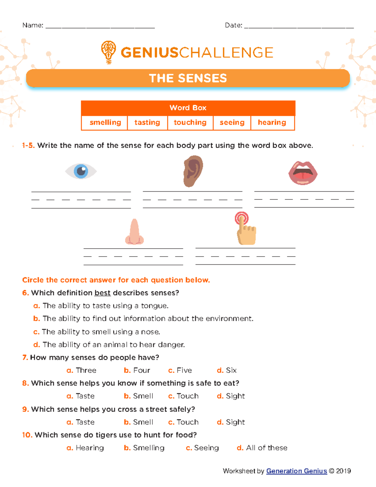 The 5 Senses Worksheet GG - Circle the correct answer for each question ...