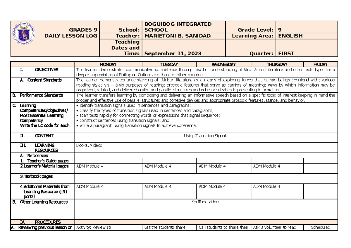 English 8 Q1W4 2022-2023 - GRADES 9 DAILY LESSON LOG School: BOGUIBOG ...