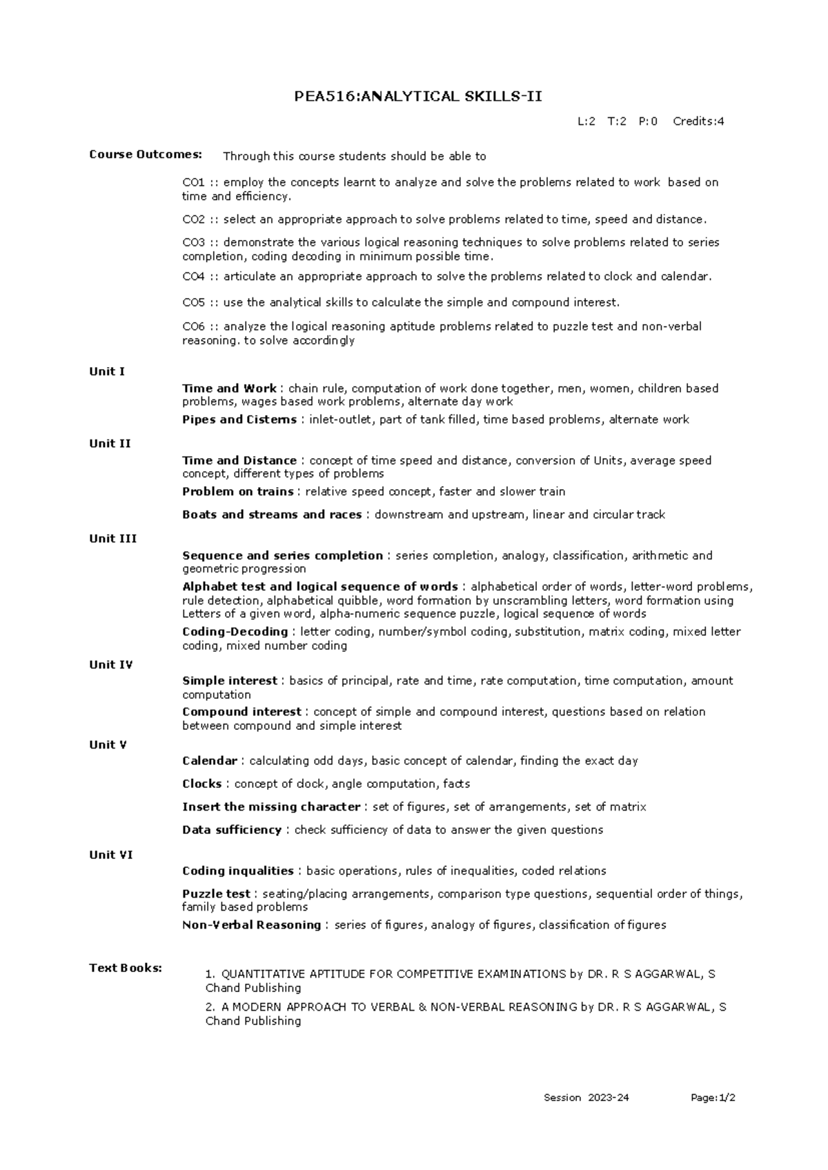Pea516 - xsssss - PEA516:ANALYTICAL SKILLS-II Course Outcomes: CO1 ...