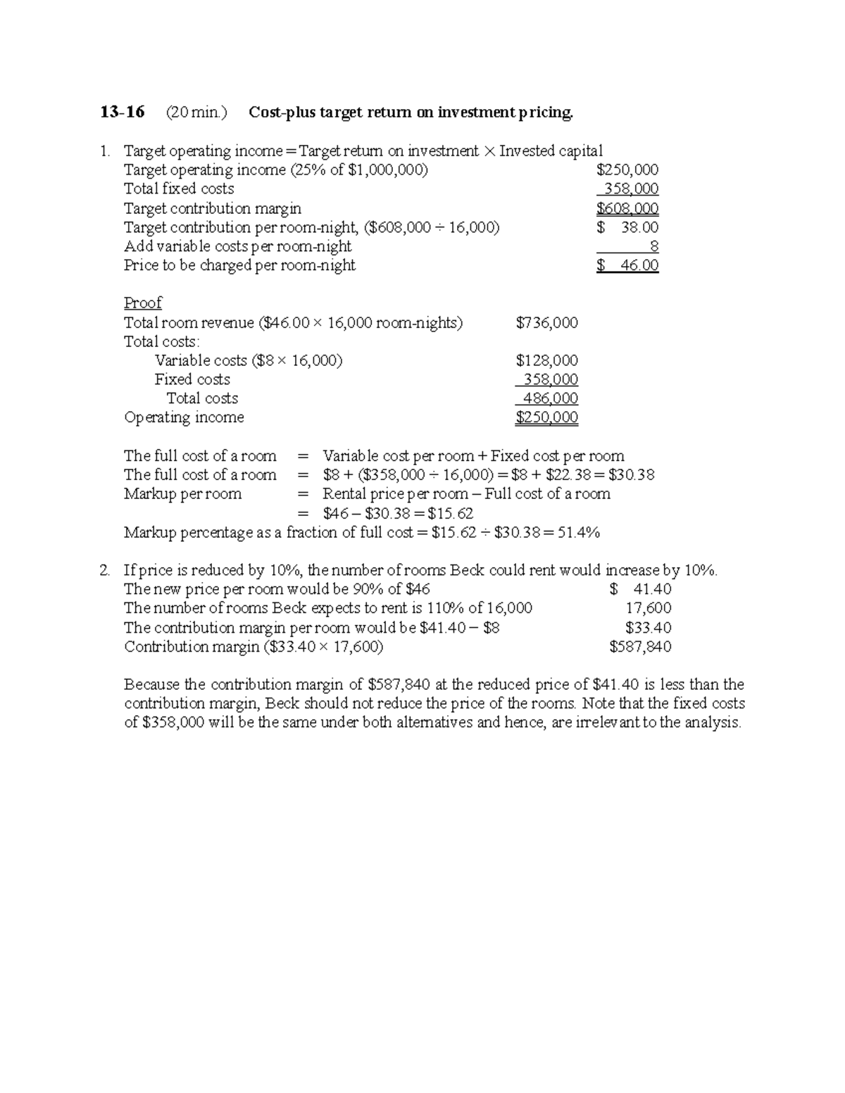 Publisher Solutions In Class Problems Chapter 13 - 13-16 (20 min.) Cost-plus target return on ...