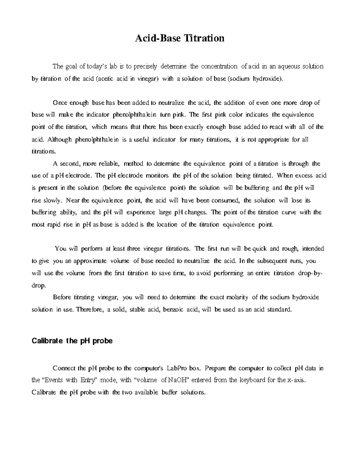Acid Base Titration - lab report - Acid-Base Titration The goal of ...
