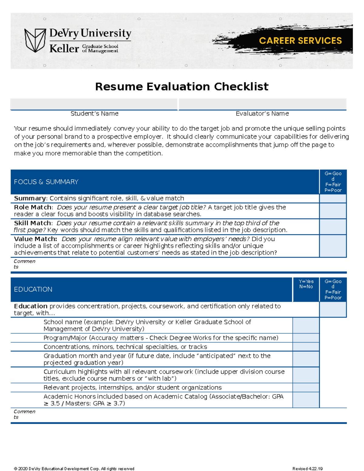 W3 Resume Evaluation Checklist - Resume Evaluation Checklist Student’s ...