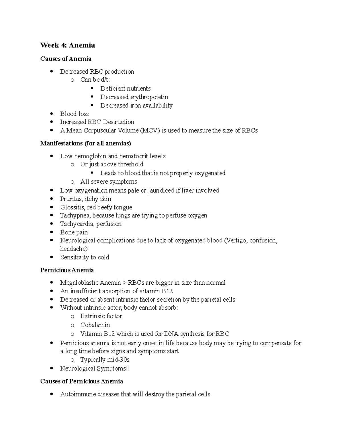 Wk 4, Anemia - Lecture notes plus book notes - Week 4: Anemia Causes of ...