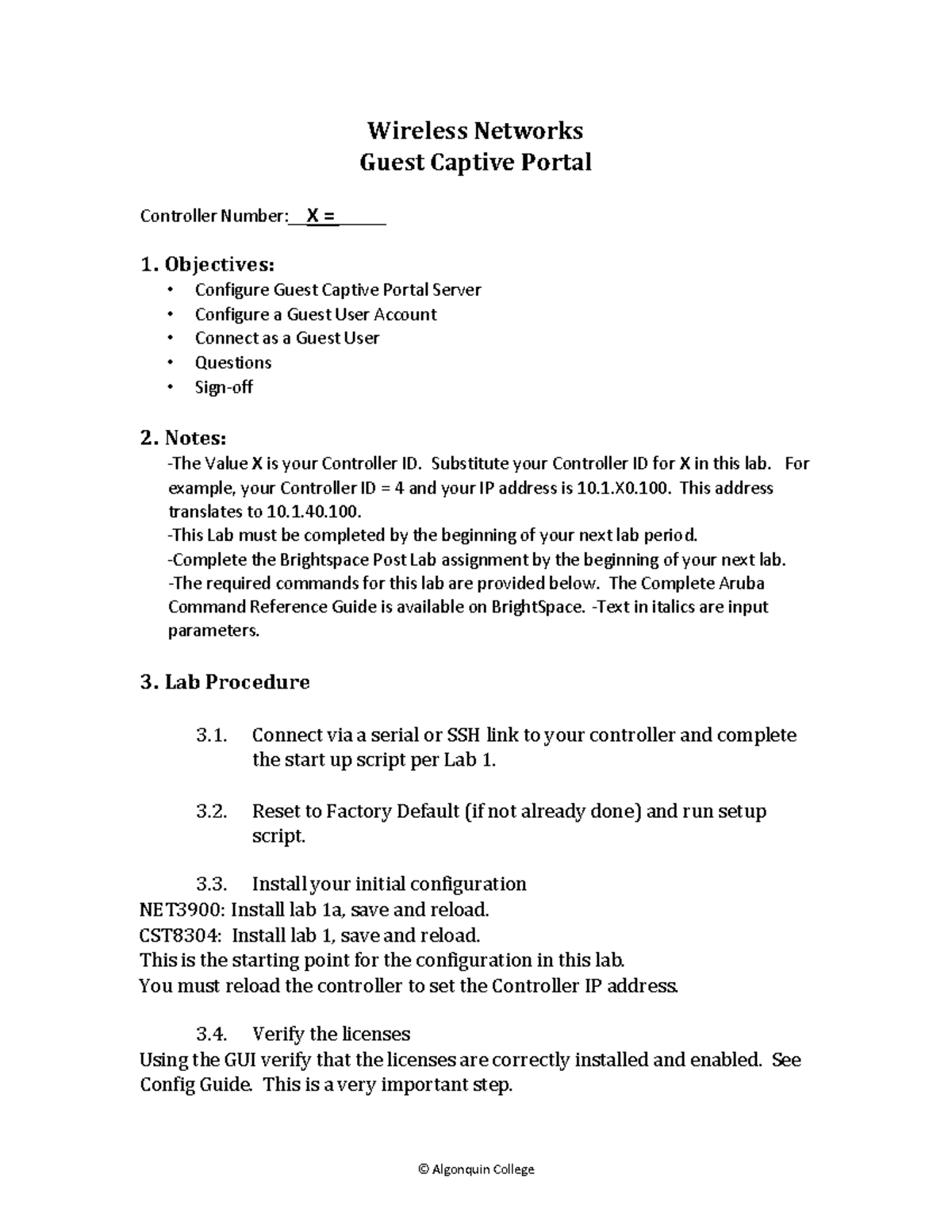 Lab 6 - Guest Captive Portal - Wireless Networks Guest Captive Portal Controller Number:__X ...